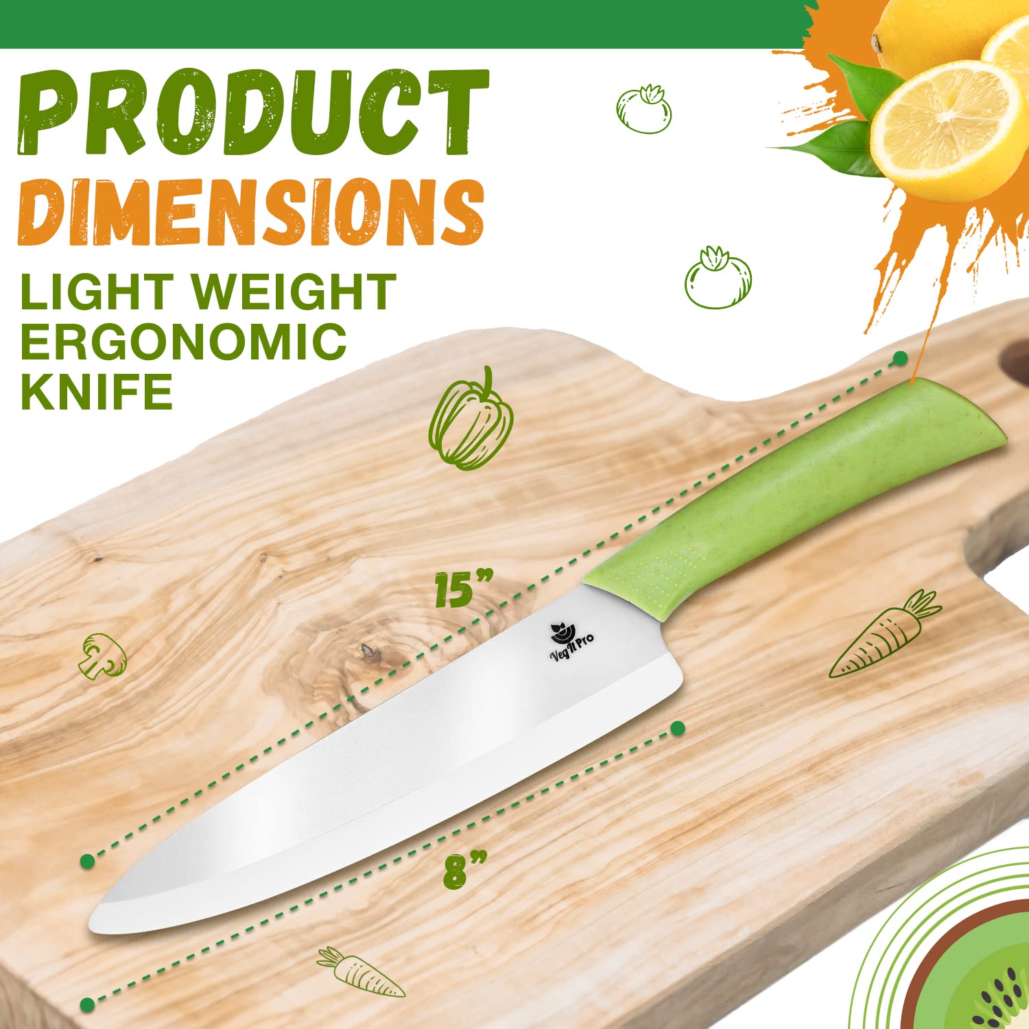 VegItPro 8" + 6.5" Vegetable Ceramic Blade Knives + Ceramic Knives for Cutting Lettuce + Vegetarian and Vegan Knife Set + Blade Protection Included