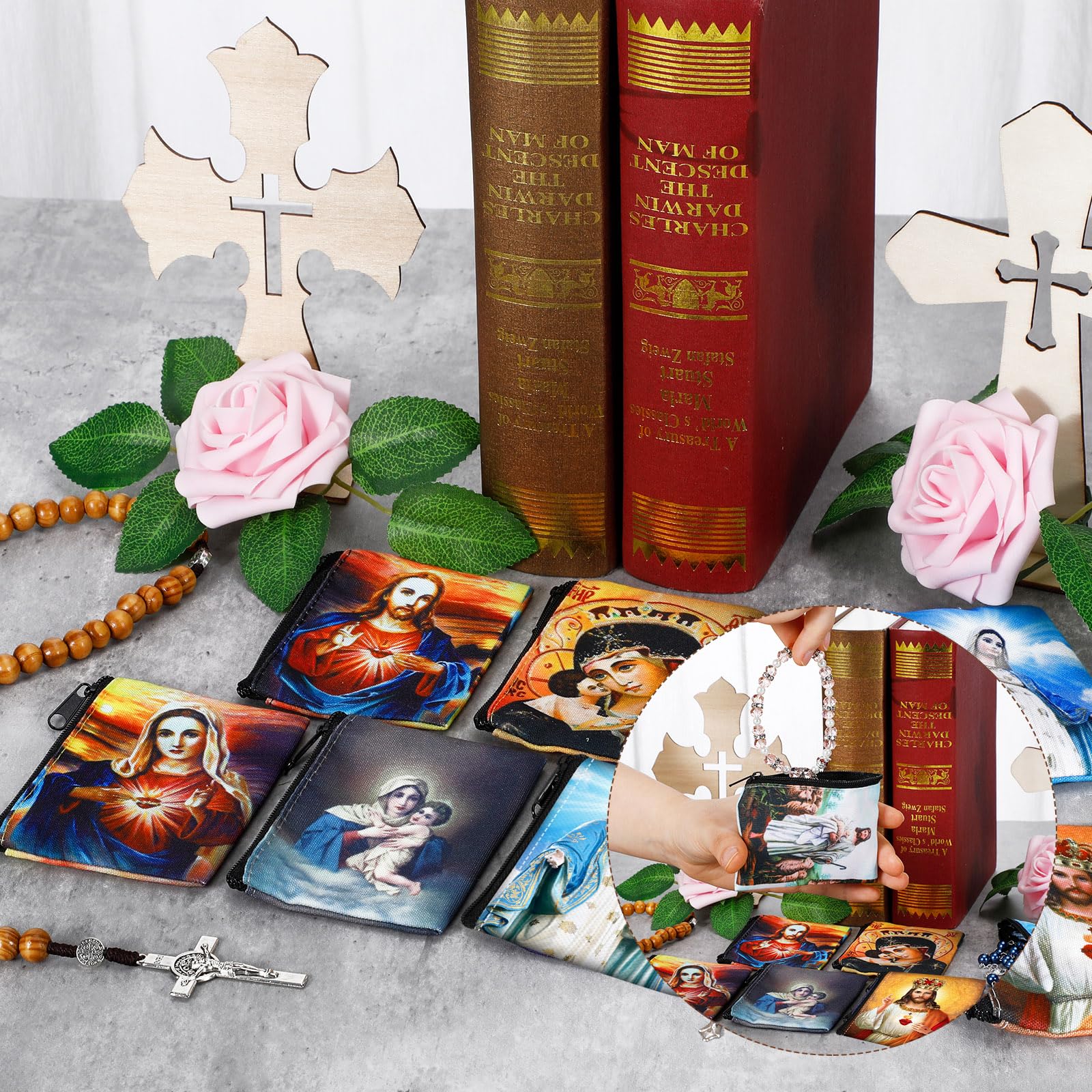 Windyun 8 Pcs Catholic Rosary Pouch 3.5'' x 2.8'' Coin Purse Rosary Holder Rosary Bag Icon Bag with Zipper for Prayer Storage (Religious)