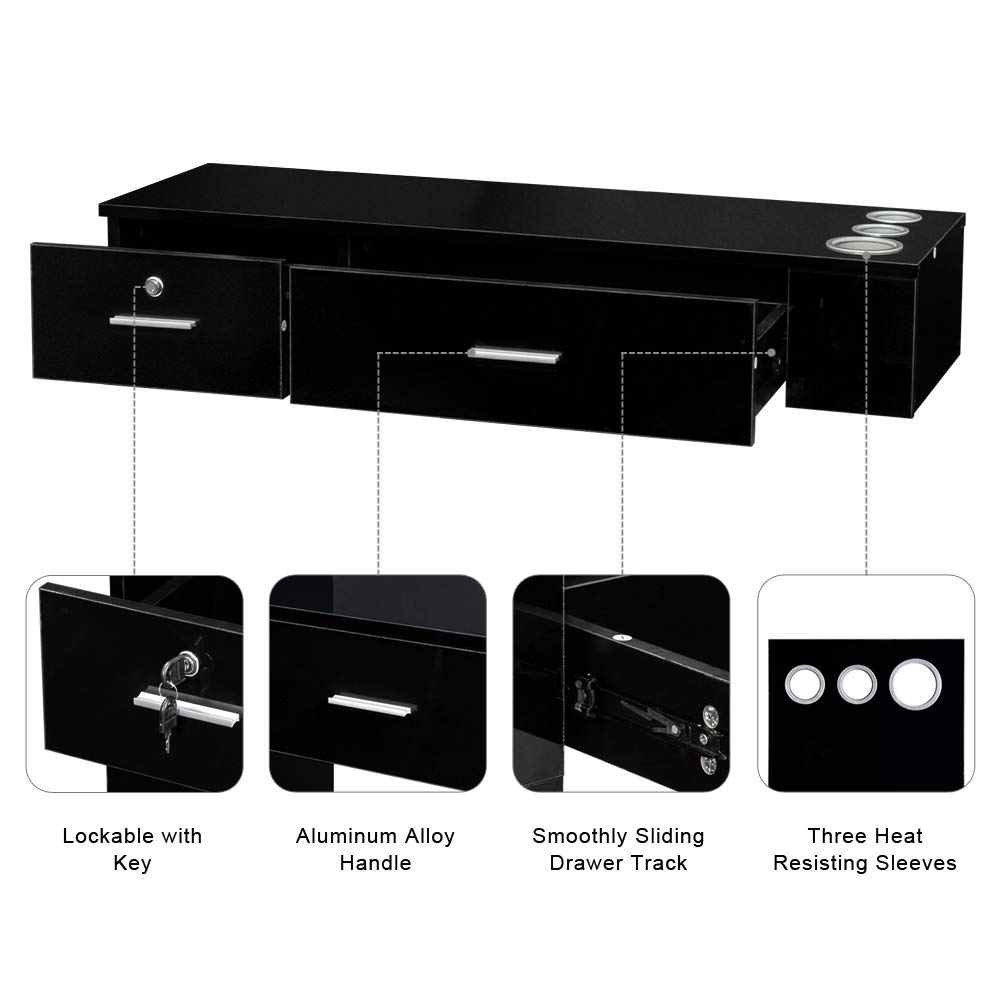 mefeir Wall Mount Hair Styling Barber Station Beauty Hair Salon Spa Equipment Set with 3 Tier Shelf, Lockable Drawer & Cabinet, Easy Assembled (Black)