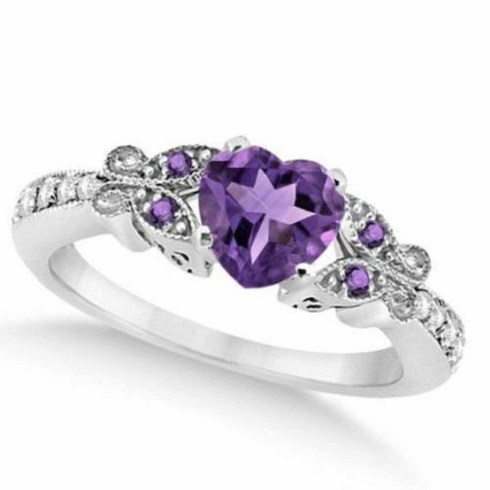 Ritika Heart & Round Cut Purple Amethyst Diamond 925 Sterling Silver 14K White Gold Over Diamond Heart N Butterfly Engagement Ring for Women
