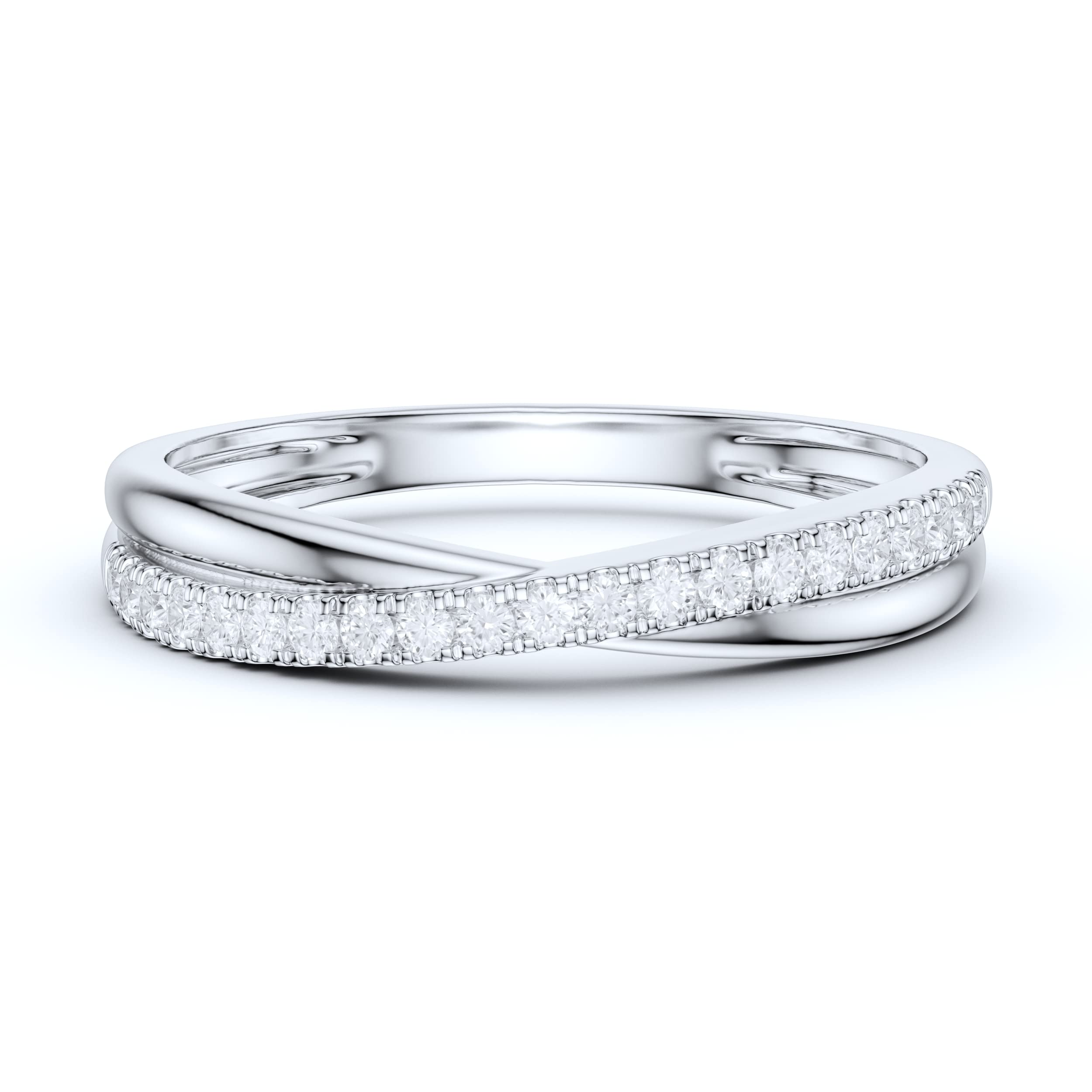 PRSTANI 10K White Gold Fancy Criss Cross Simulated Diamond Pave Ring Wedding Band Half Eternity (8.5)