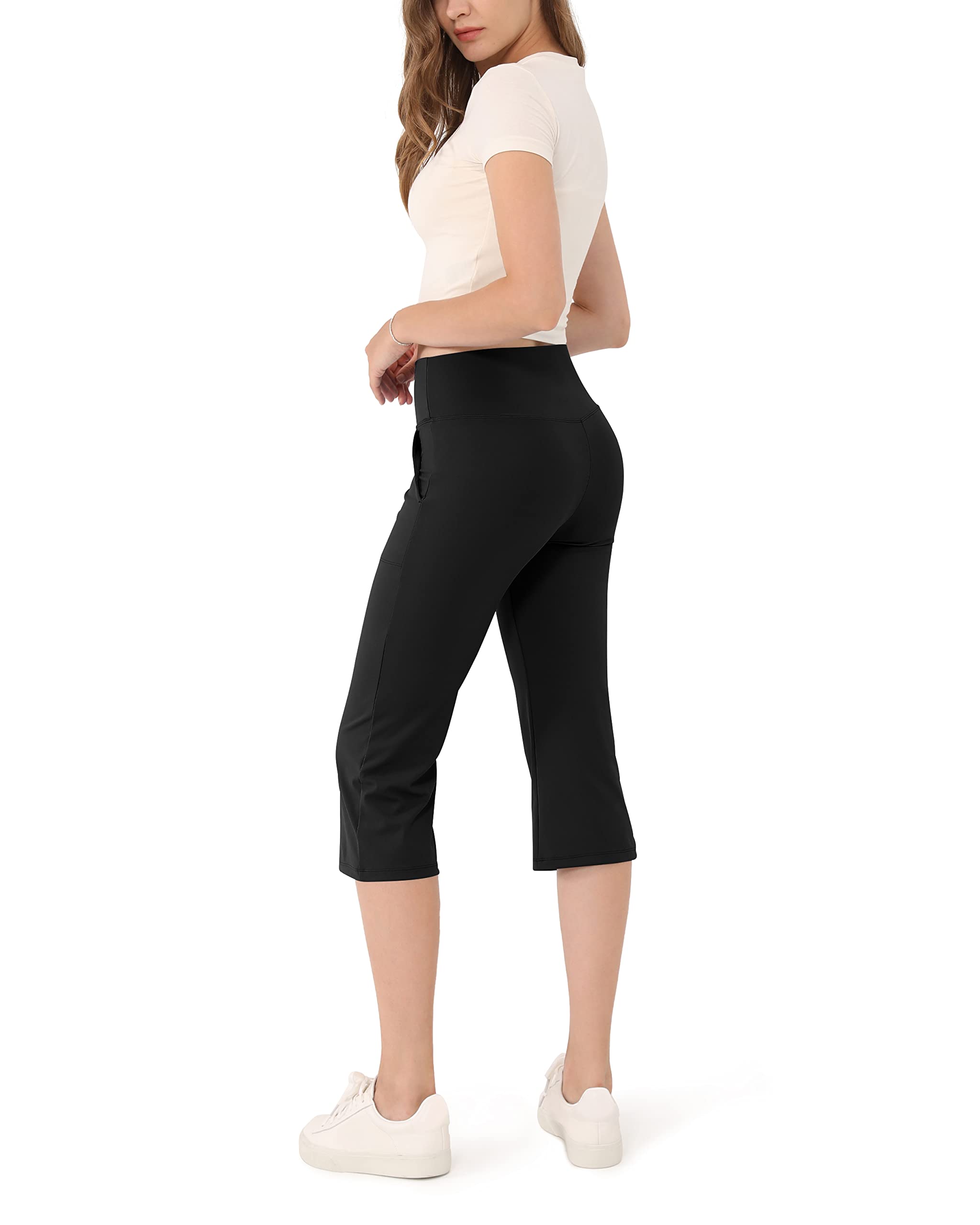 ODODOS Women's Bootleg Yoga Capris with Pockets High Waisted Bootcut Yoga Capris Tummy Control Work Capri Pants for Women, Black, XX-Large