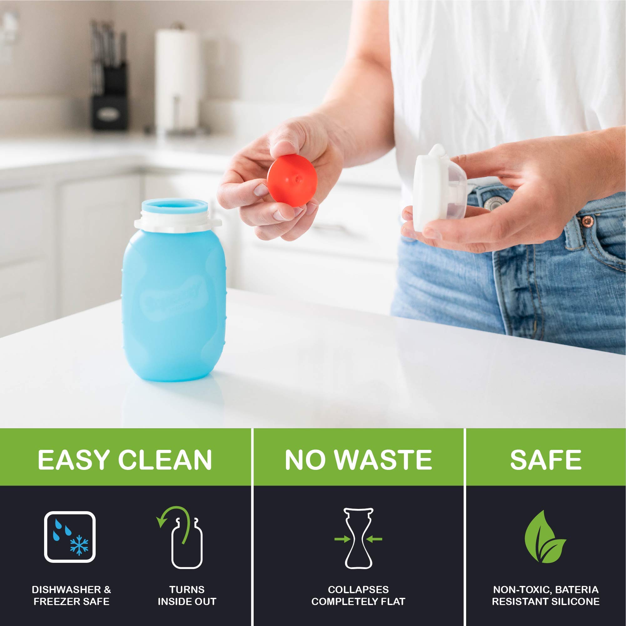 Pink 6 oz Squeasy Snacker Spill Proof Silicone Reusable Food Pouch - for Both Soft Foods and Liquids - Water, Apple Sauce, Yogurt, Smoothies, Baby Food - Dishwasher Safe
