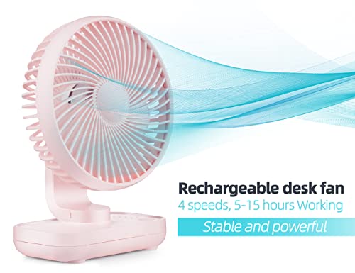 Viniper Portable Battery Fan, Rechargeable Desk Fan : 4 Speeds, 90° Rotation, Long Working Time, Portable USB Powered Personal Fan (Pink)