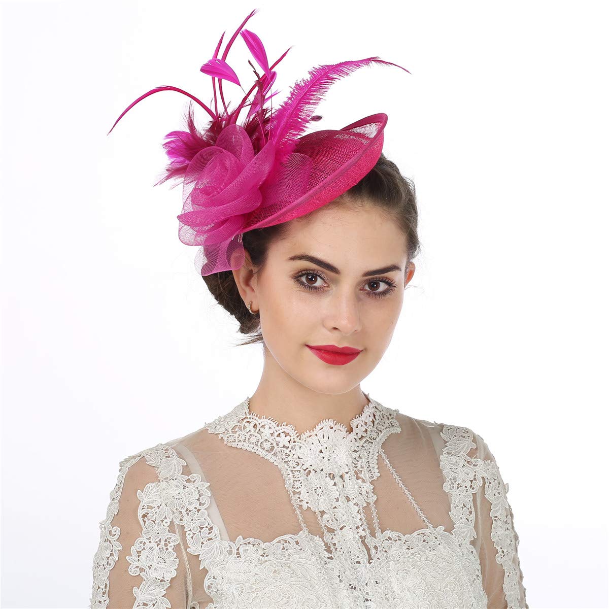 SAFERIN Fascinator for Women Hair Clip Hat Bowler Feather Flower Veil Wedding Party Hat Tea Hat(TA4-Fuchsia)