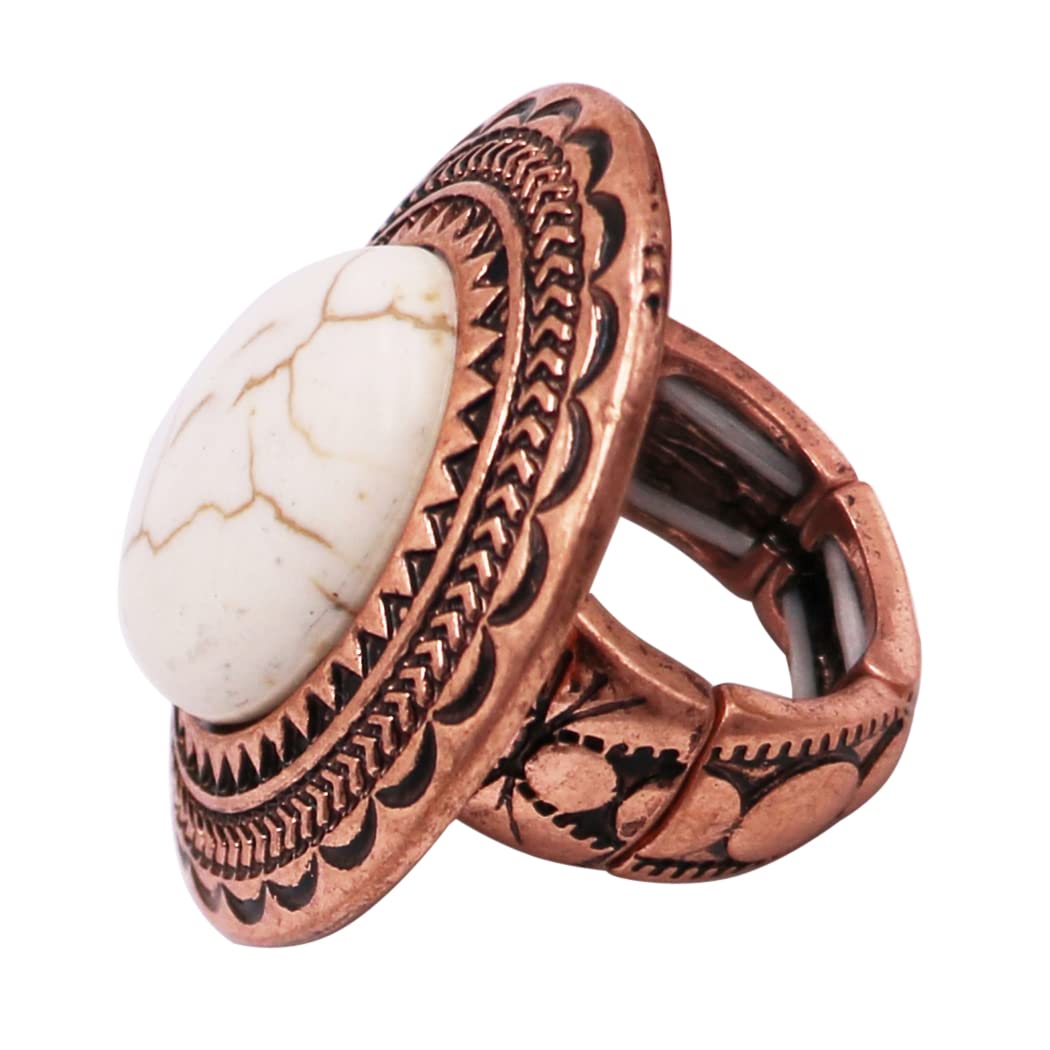 Rosemarie & Jubalee Women's Cowgirl Chic Semi Precious Natural Howlite Stone Copper Tone Concho Western Stretch Cocktail Ring