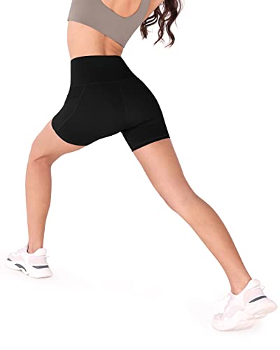 ODODOS Women's 4" High Waist Biker Shorts with Pockets, Tummy Control Non See Through Workout Sports Athletic Running Yoga Shorts, Black, Medium
