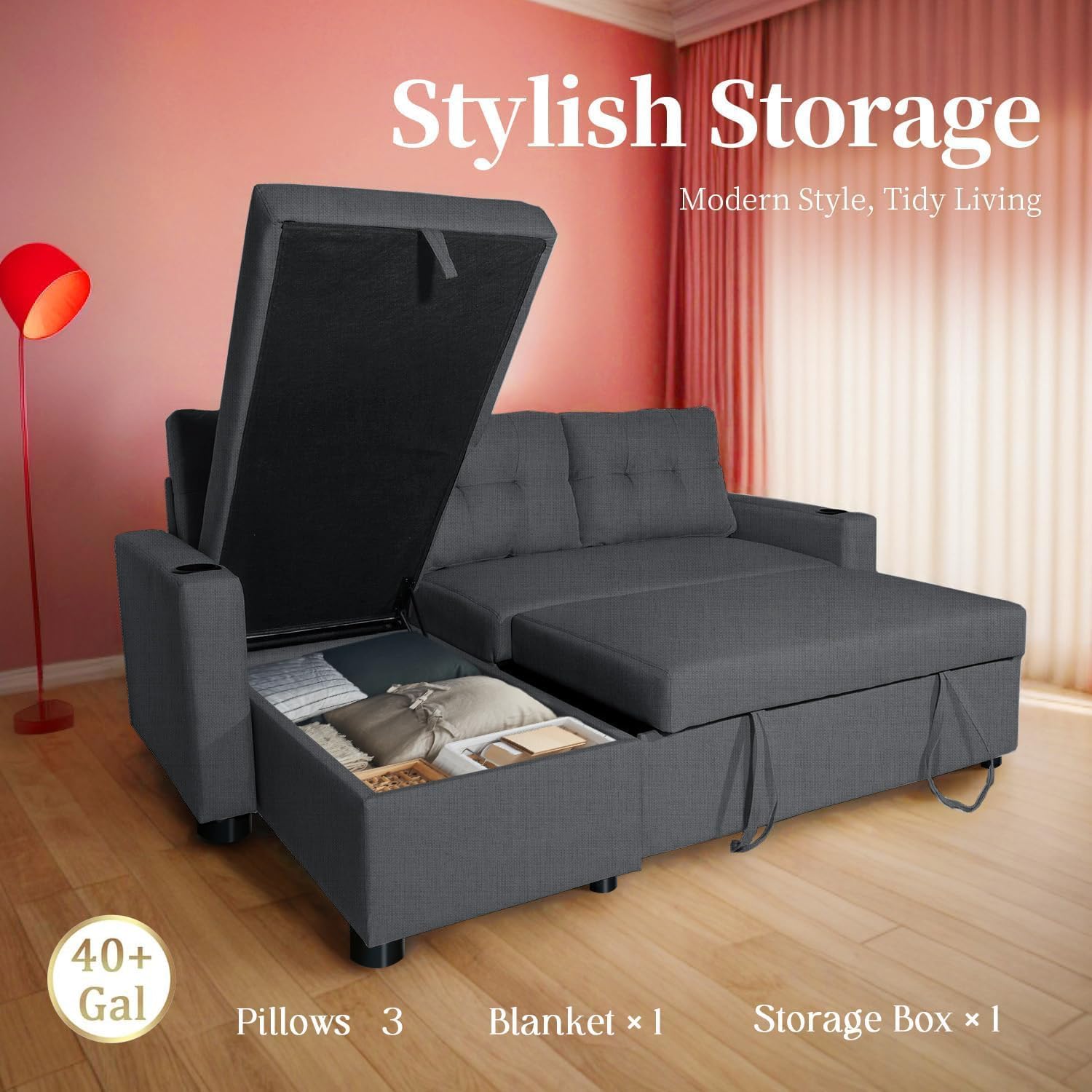 yoyomax L Shaped Sofa-80'' Sectional Sofa Mid Century Modern Linen Fabric Couches for Living Room Apartment Small Space, 82 inch CouchBed, Deep Grey