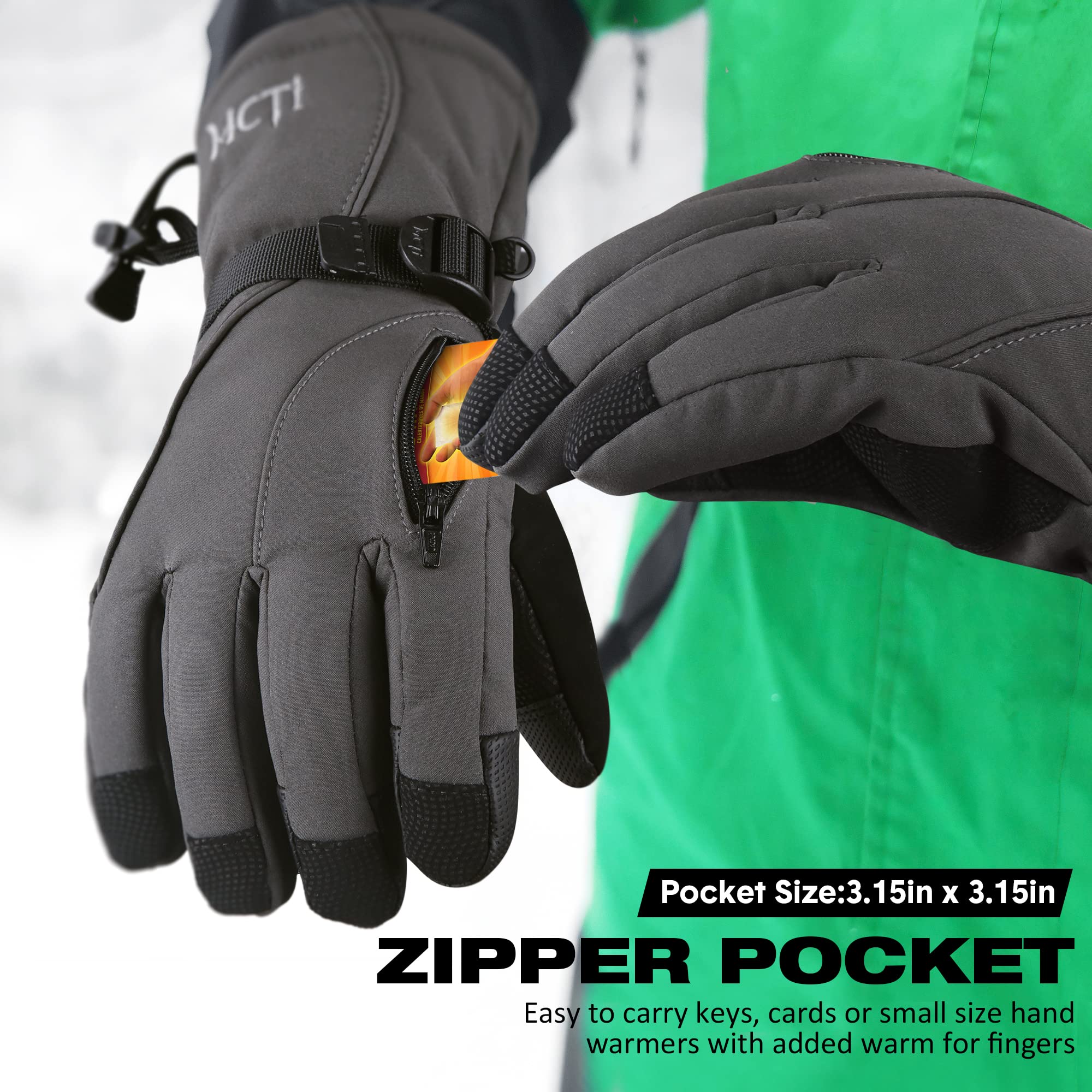 MCTi Waterproof Mens Ski Gloves Winter Warm 3M Thinsulate Snowboard Snowmobile Cold Weather Gloves Grey Large