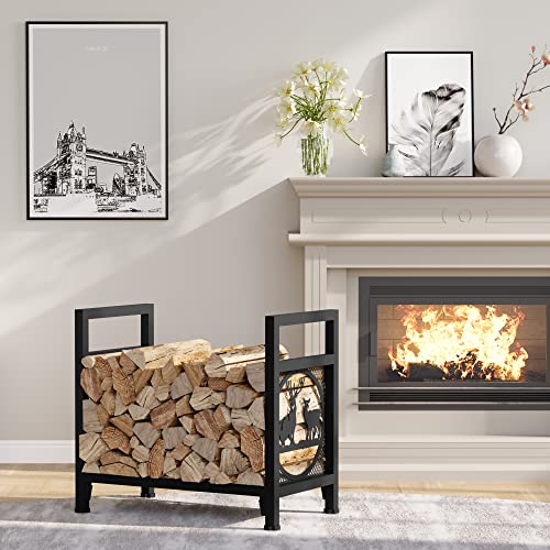 Timechee Firewood Log Rack Holder, Wrought Iron Fireplace Bin Log Rack with Adjustable Foot Pads, Heavy Duty Log Carrier Rack Storage Bin for Firepit Stove Indoor (Deer)