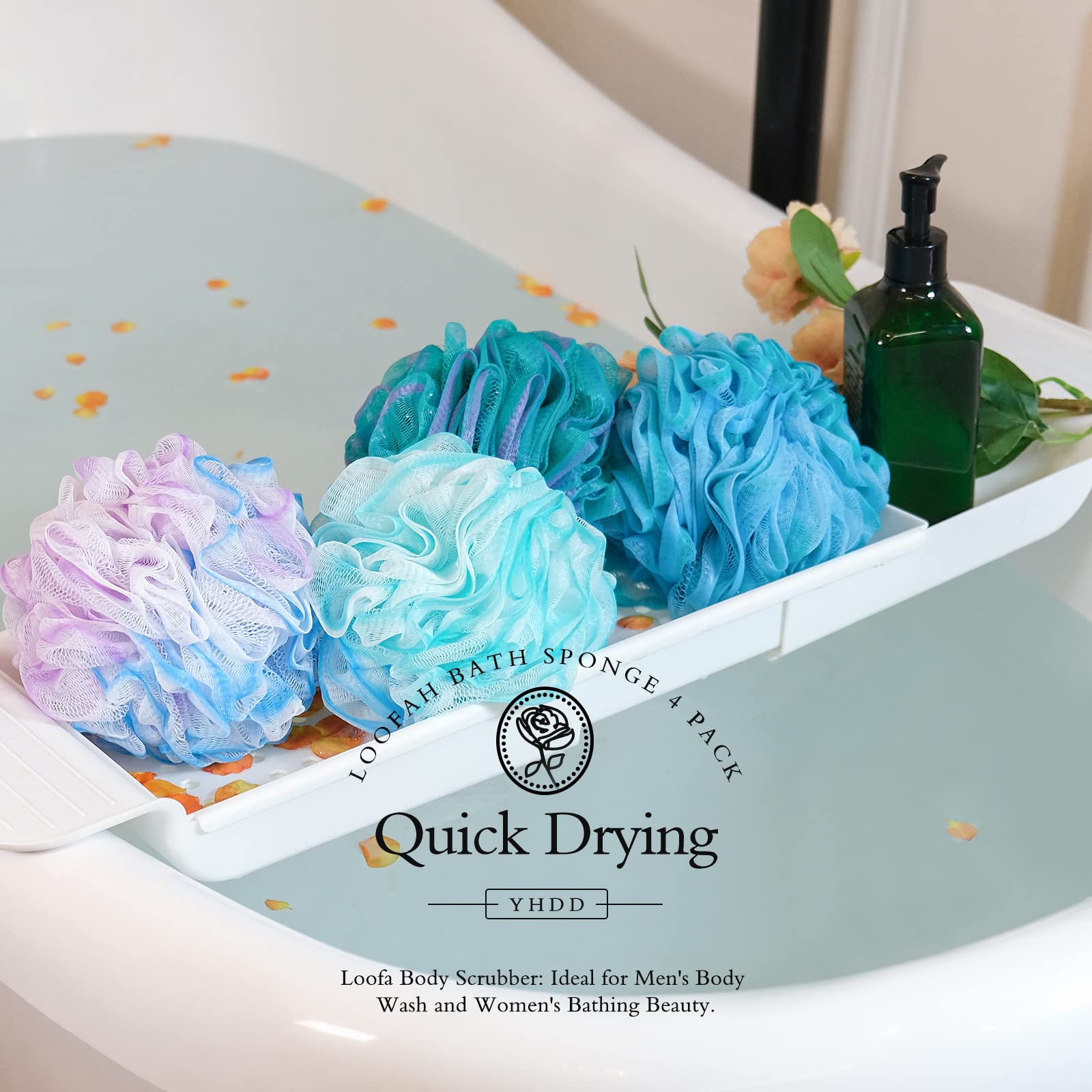 YHDD Shower Loofah Sponge Pouf, 75g Exfoliating Body Scrubber, Mesh Bath Puff Suitable for Anyone, Soft and Skin-Friendly Bathroom Accessories (4 Pcs)
