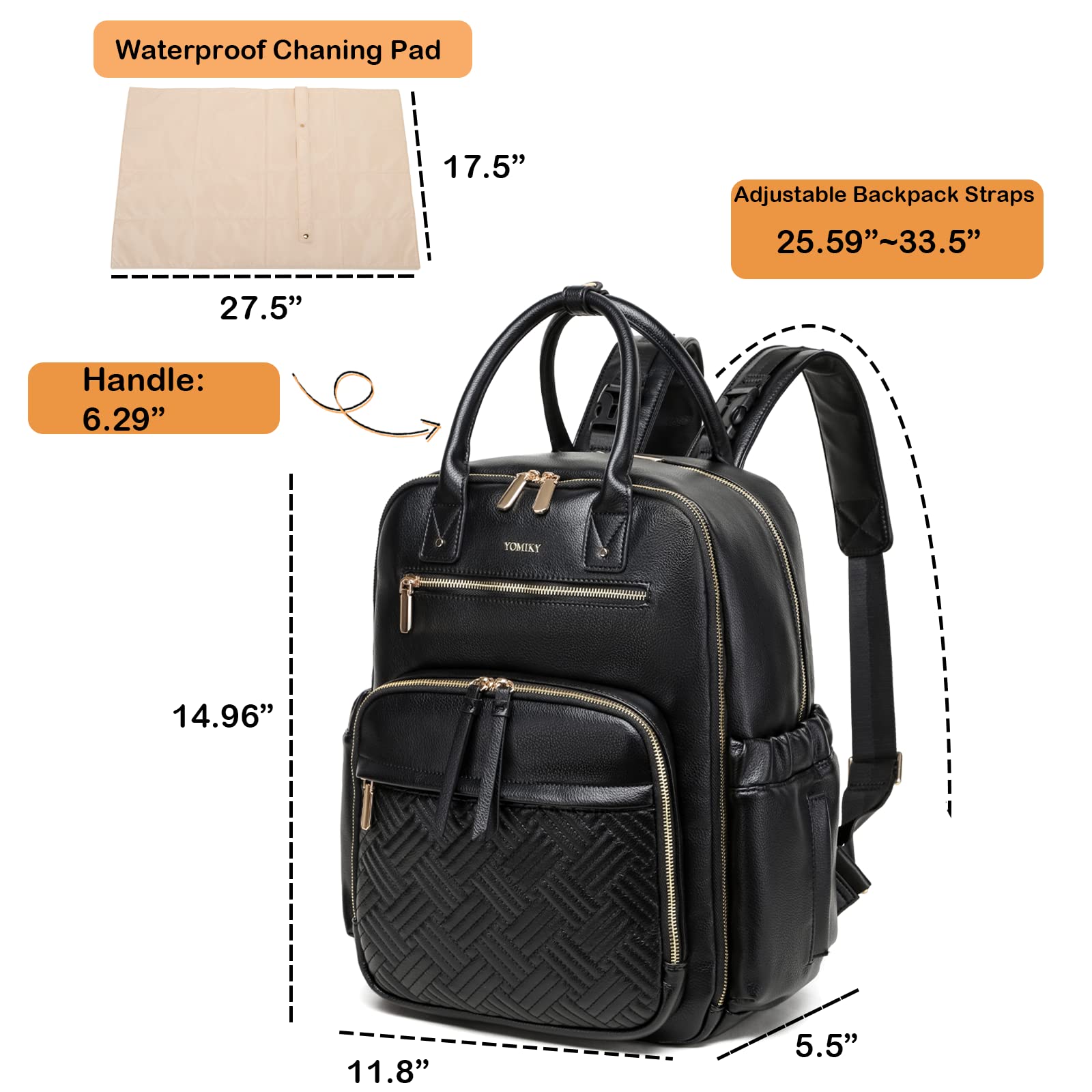 Yomiky Leather Diaper Bag Backpack for Women with Changing Pad and Multiple Pockets. Stylish and Functional