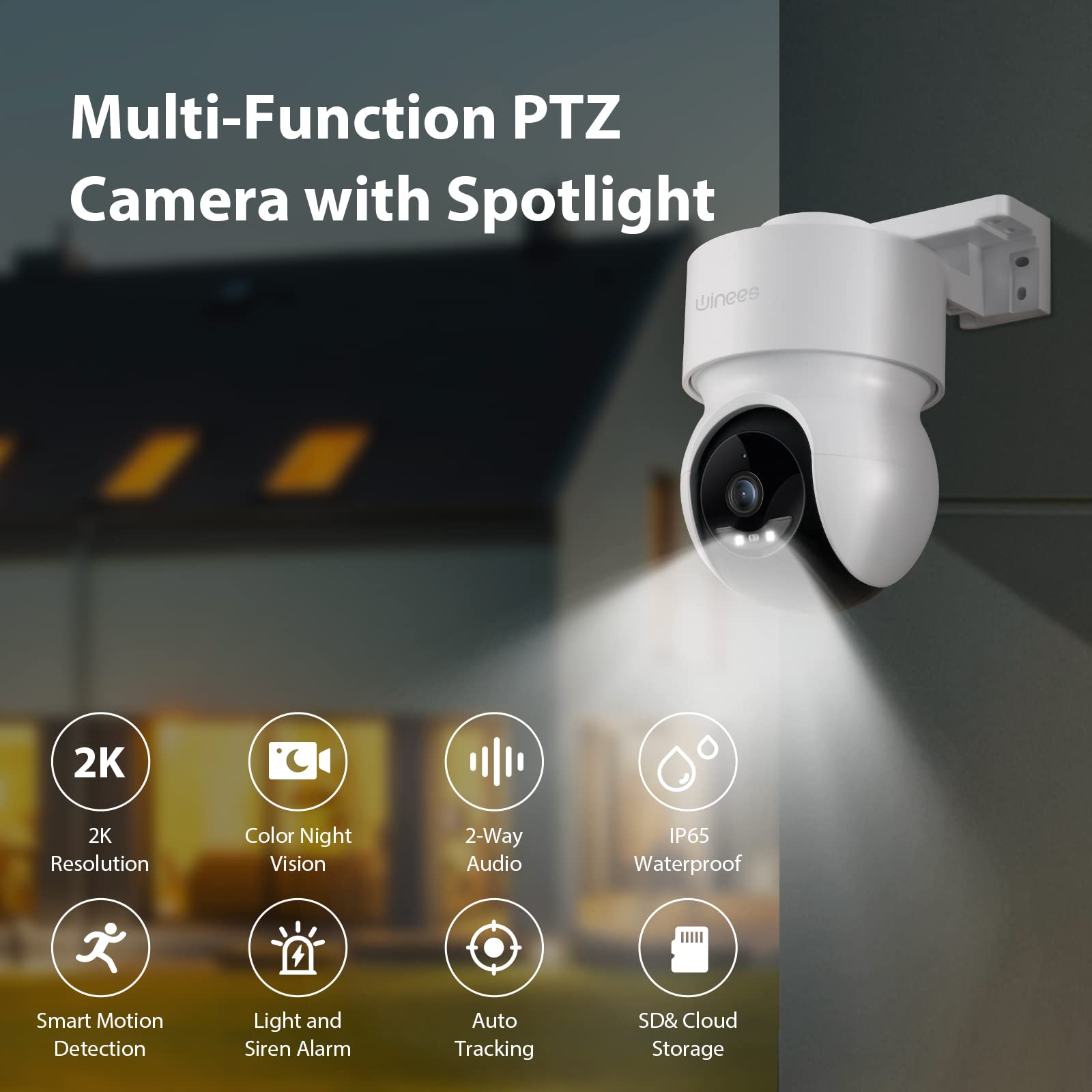 winees Security Cameras, 2K HD Outdoor Security Camera with Color Night Vision, Spotlight, Siren, Two-Way Audio, 2.4Ghz WiFi, Waterproof, Cameras for Home Security Compatible with Alexa