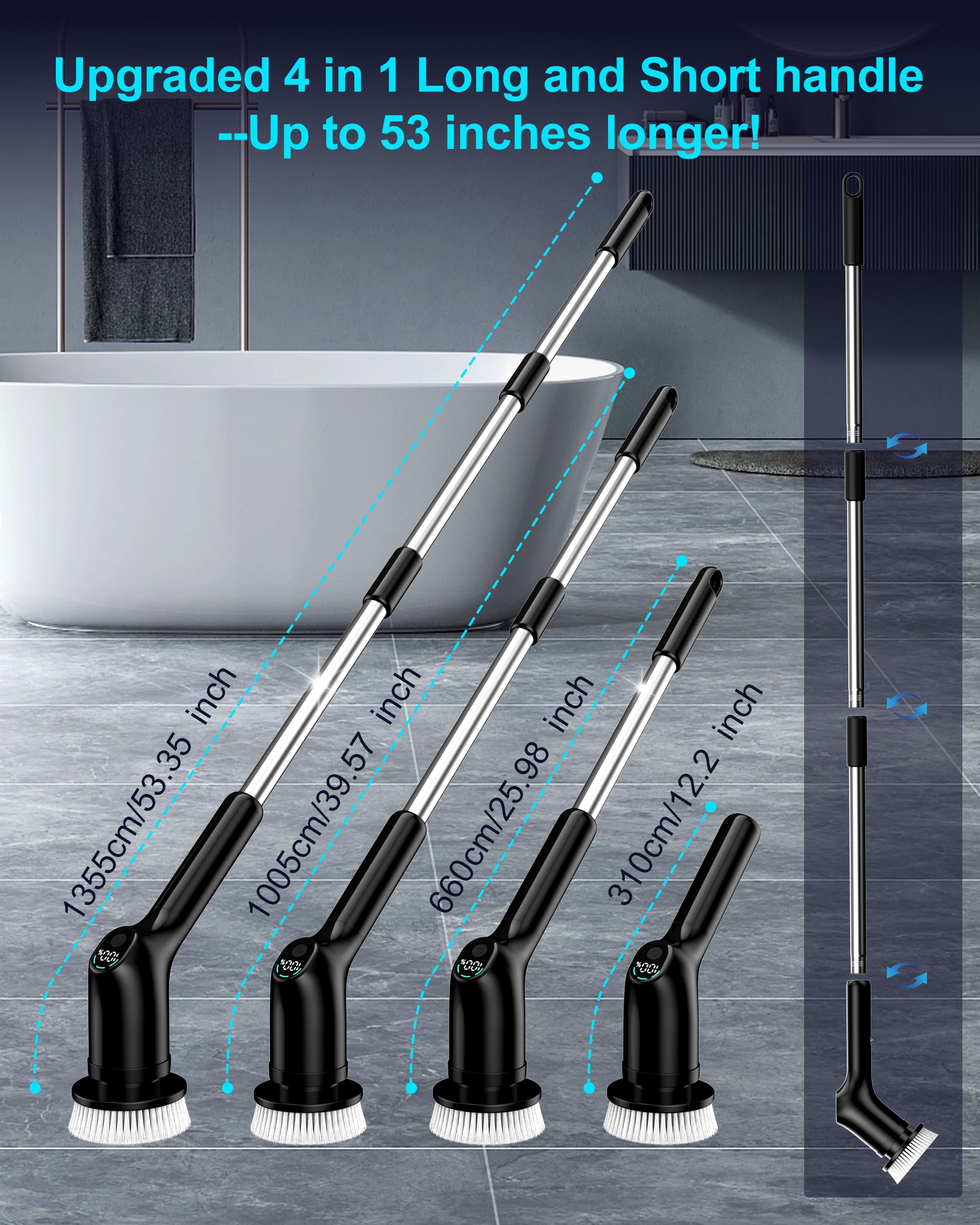 Yonlog Electric Spin Scrubber, FRIWOLE Upgraded Cordless Cleaning Brush with LED Display, 3 Speeds, 8 Replaceable Brush Heads, Adjustable & Detachable Handle, 450 RPM, for Bathtub, Tile, Floor, Black