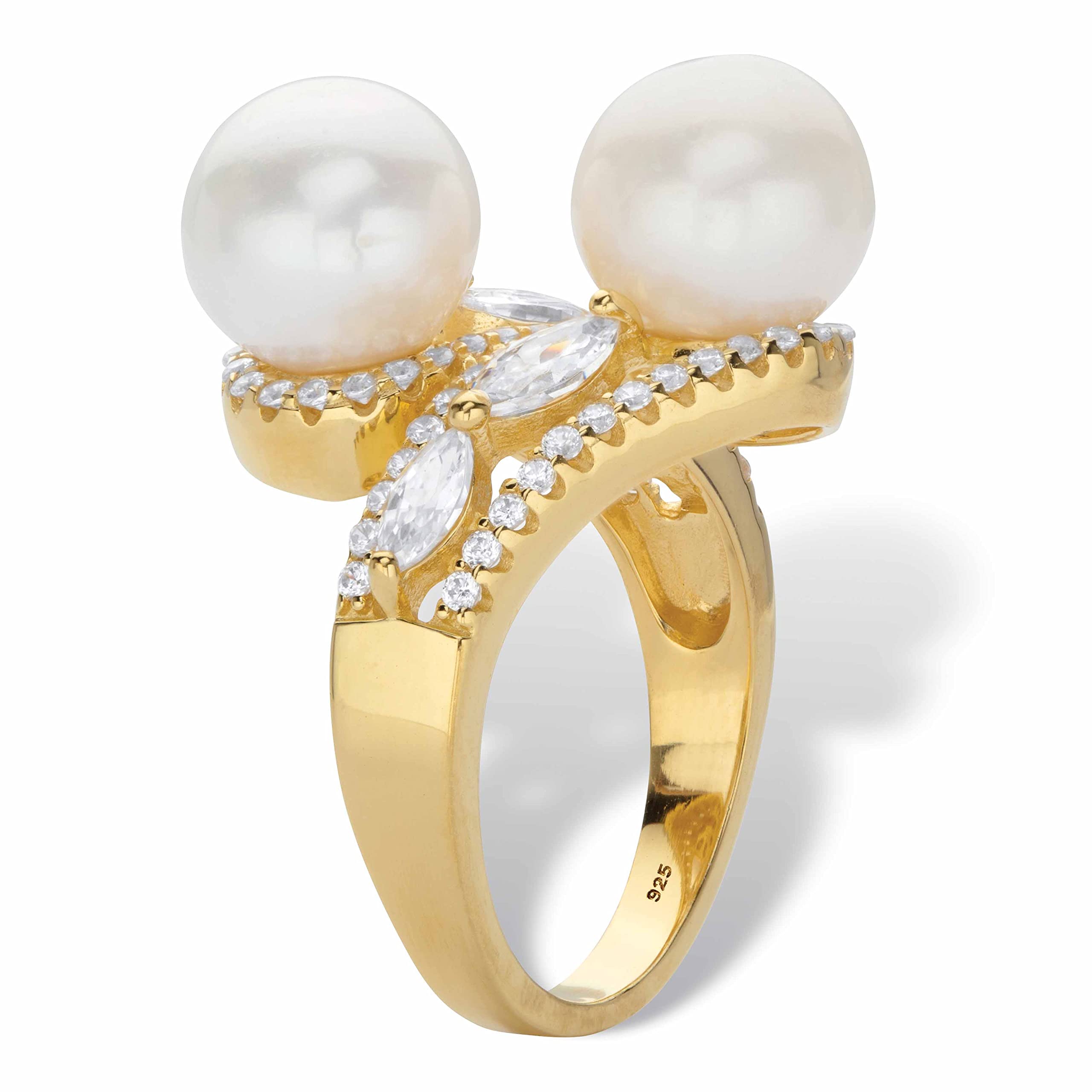 PalmBeach Jewelry Gold-Plated or Sterling Silver Round Genuine Cultured Freshwater Pearl with Marquise Cubic Zirconia Bypass Ring Size 7