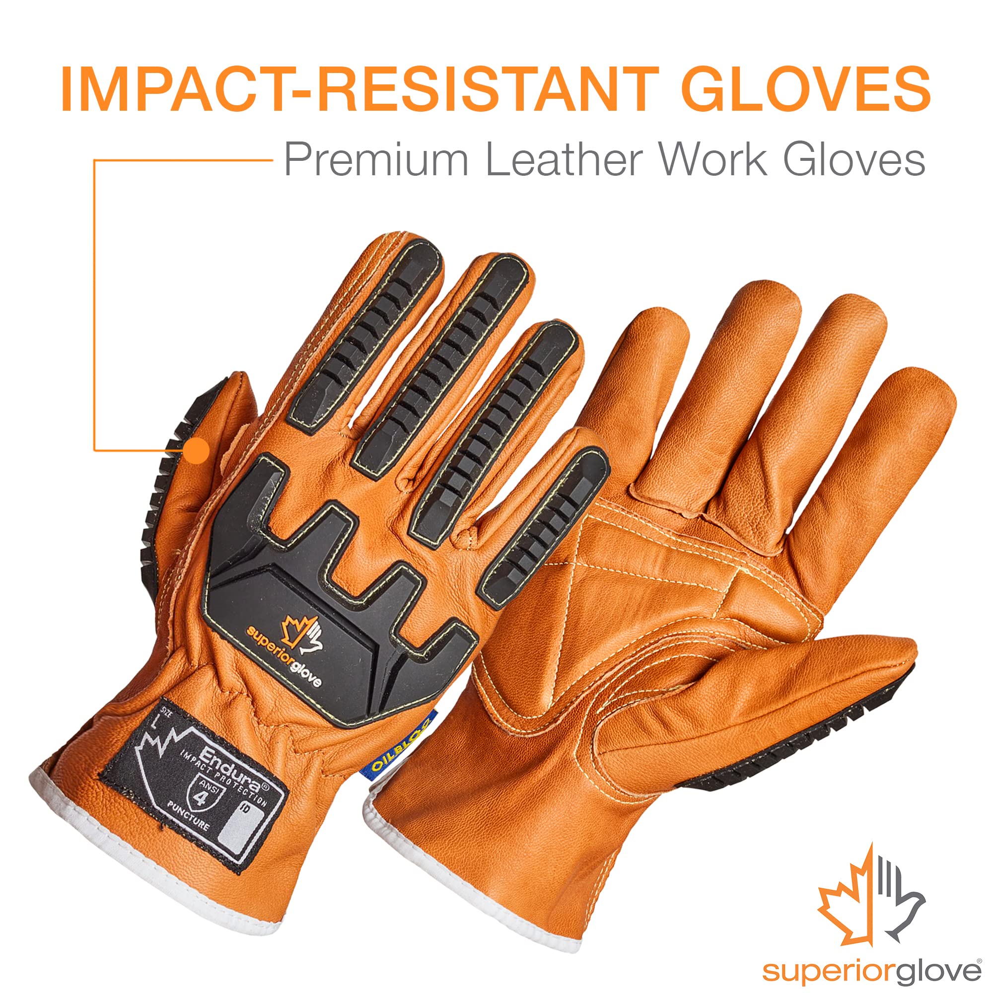 Superior Goatskin Leather Work Gloves - Anti-Impact Backing Hand Protection โ Endura Safety Gloves Oil and Water Resistant 378GKVSB (1 Pair) Size Large