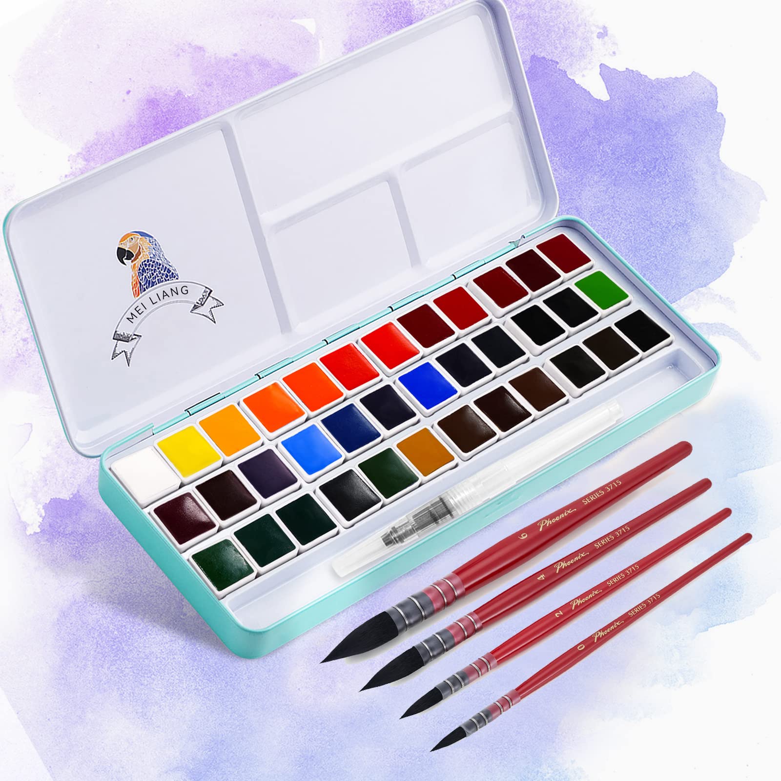 MeiLiang Watercolor Paint Set, 36 Vivid Colors in Pocket Box,Watercolor Brushes Set, Paint Brushes kit for Artists, Adults, and hobbists, Pointed Round Mop Brush for Watercolor, Gouache,4 Pcs