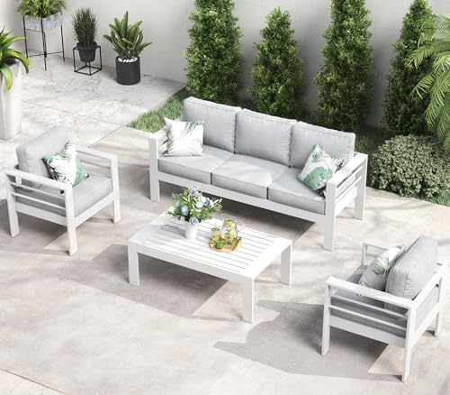 LayinSun Outdoor Aluminum Furniture Set, 4 Pieces Patio Sectional Conversation Chat Sofa Modern Seating Set with Coffee Table
