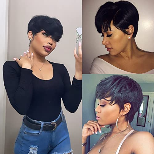 Yonova Pixie Cut Wig Human Hair for Women Short Wigs Layered Pixie Haircut Side Bangs Full Machine Made Gluless Natural Wavy Short Wig Black Color