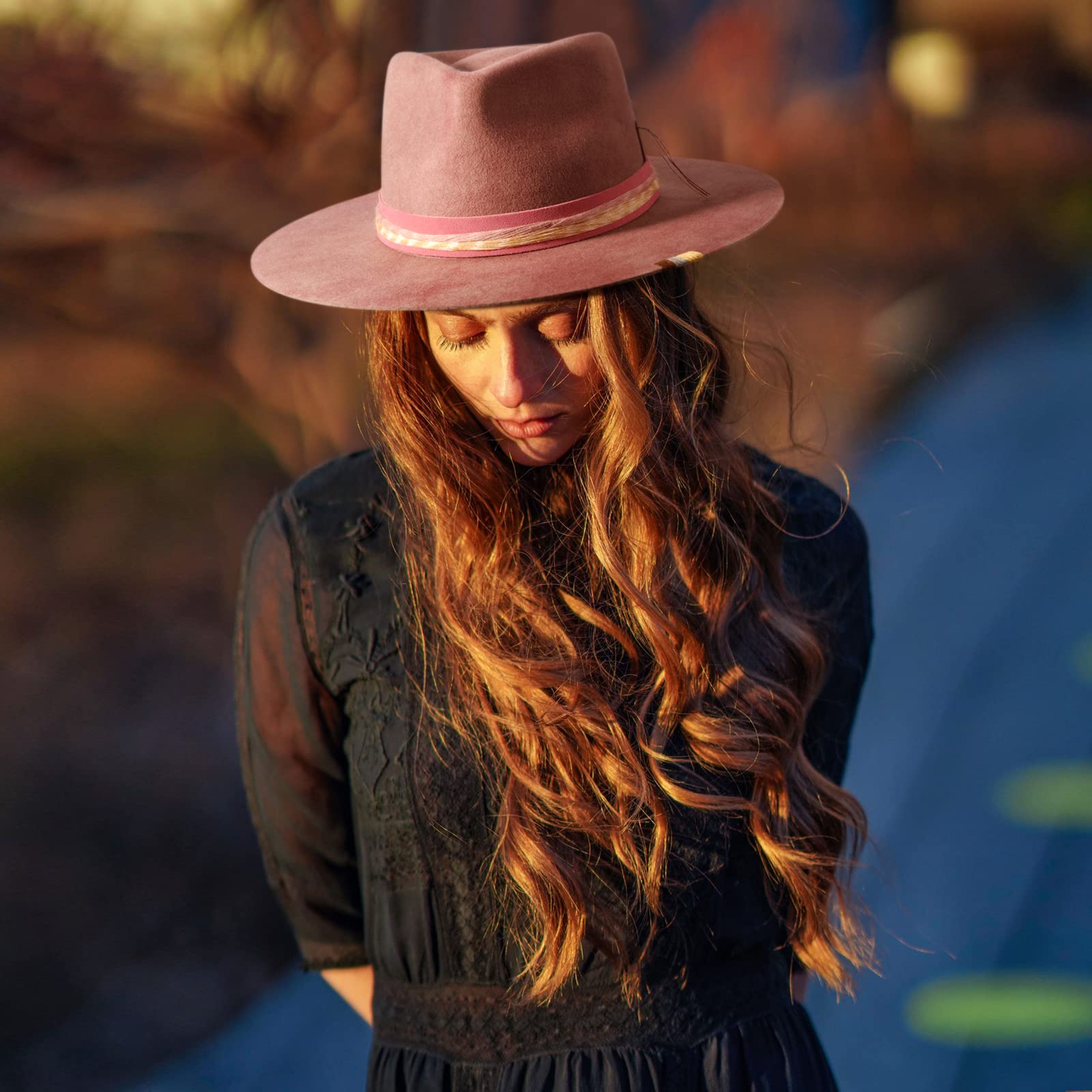 RUEDIGER Wide Brim Fedora Hats for Men Women 100% Wool Felt Panama Rancher Hat with Lightning Logo Distressed/Burned Handmade Pink