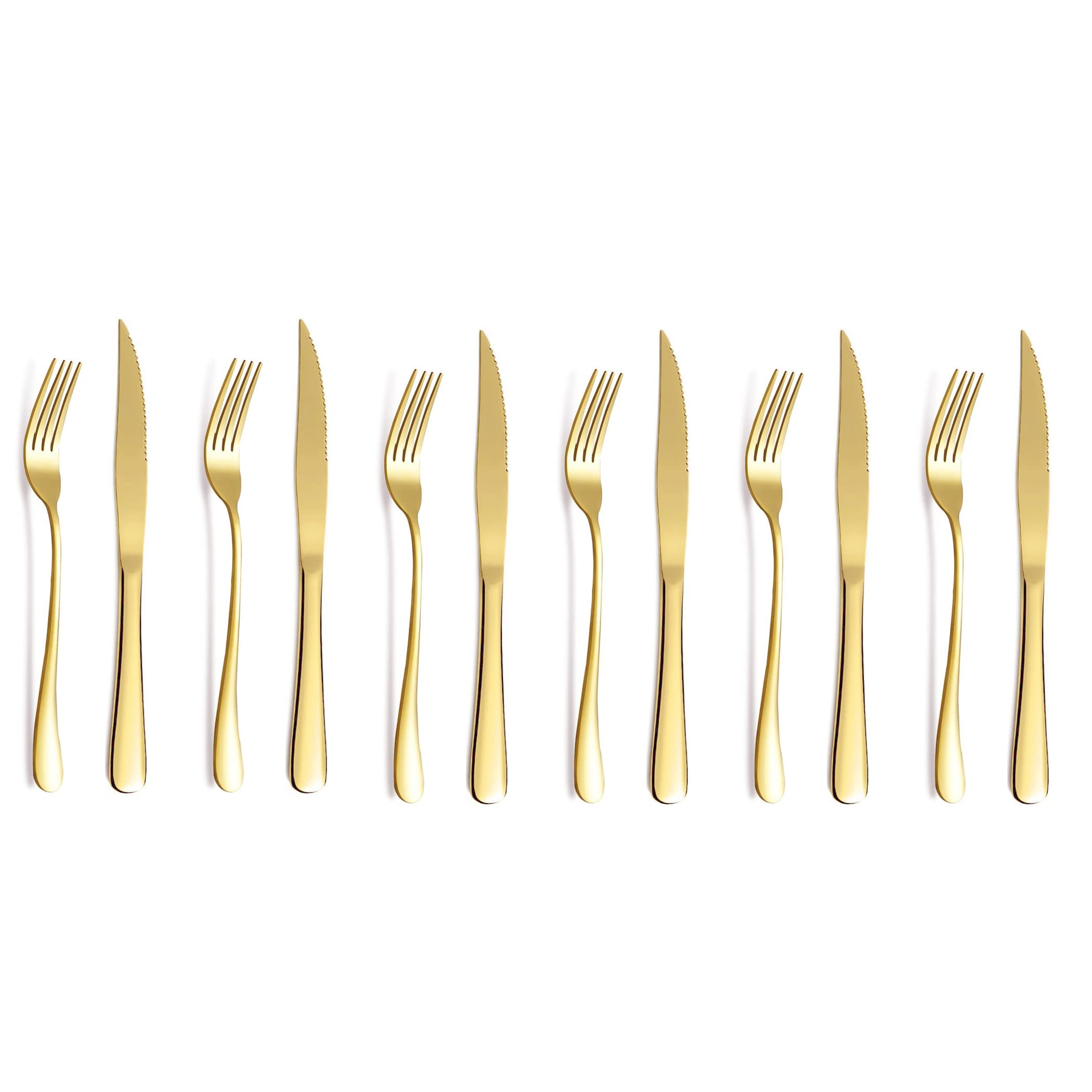 Rygten QU 12-piece Gold Steak Knives Set, Fork And Knife Set For 6, Stainless Steel Knife Set Of 12, Dishwasher Safe