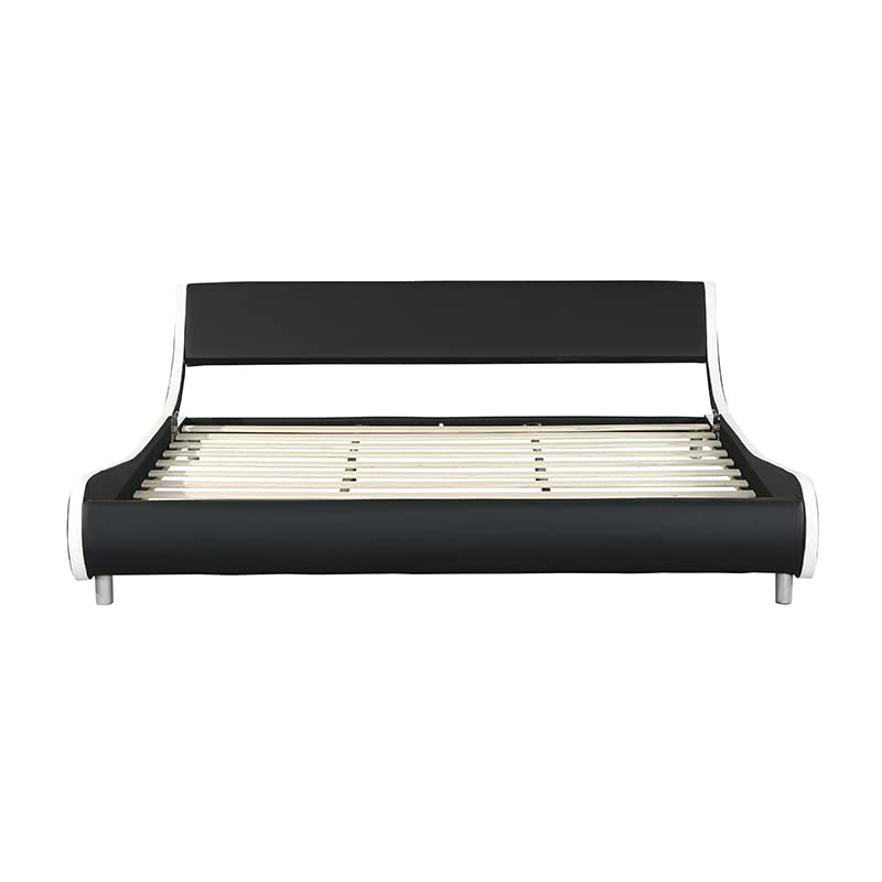 MegaChunk Faux Leather Upholstered Platform Bed Frame, King Size, Curve Design, Wood Slat Support, No Box Spring Needed, Easy Assemble, Black+White