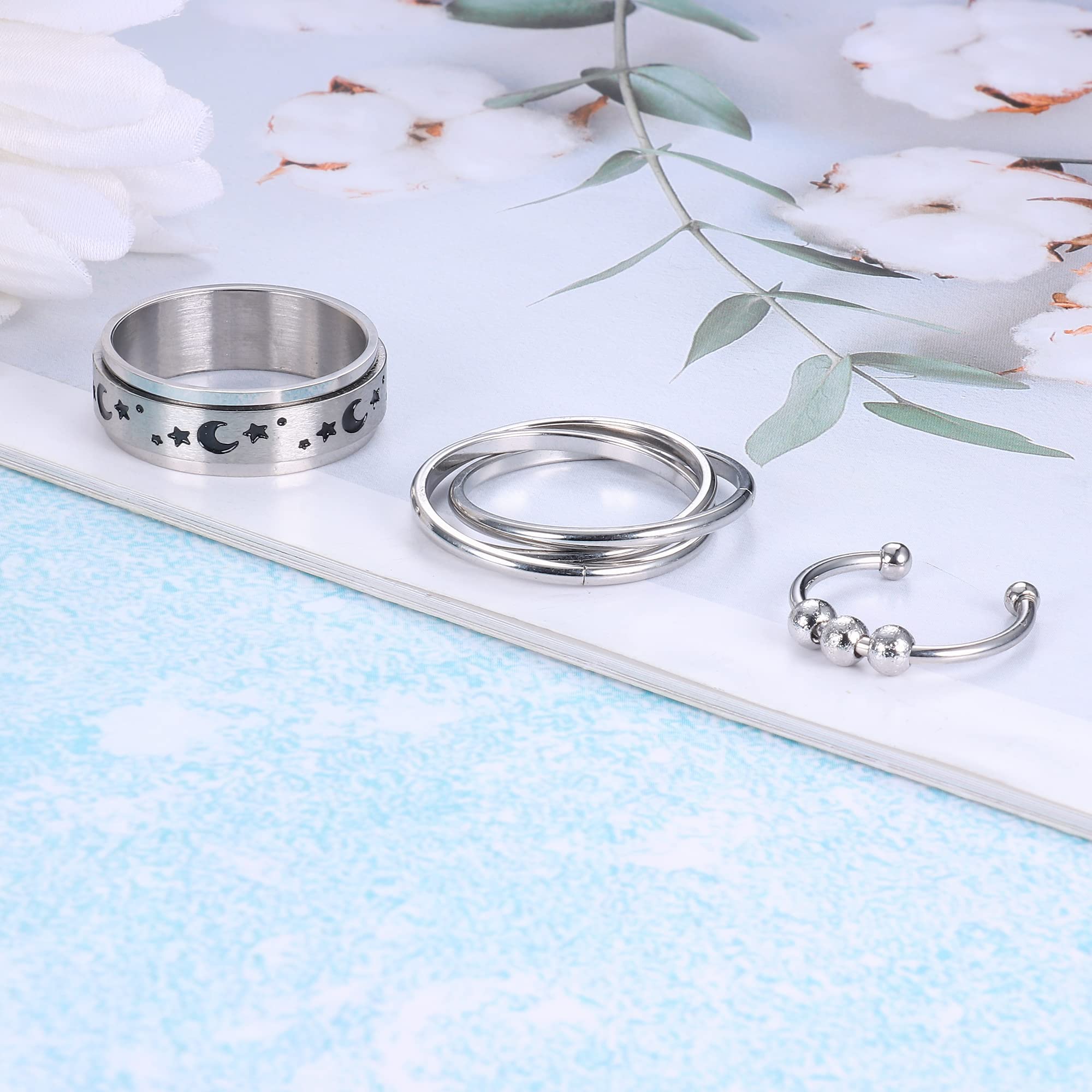 RnBLM JEWELRY 6Pcs Fidget Ring for Women Adjustable Spinner Rings for Anxiety Moon Star Bead Cubic Zirconia Flower Stress Relief Stackable Ring Set