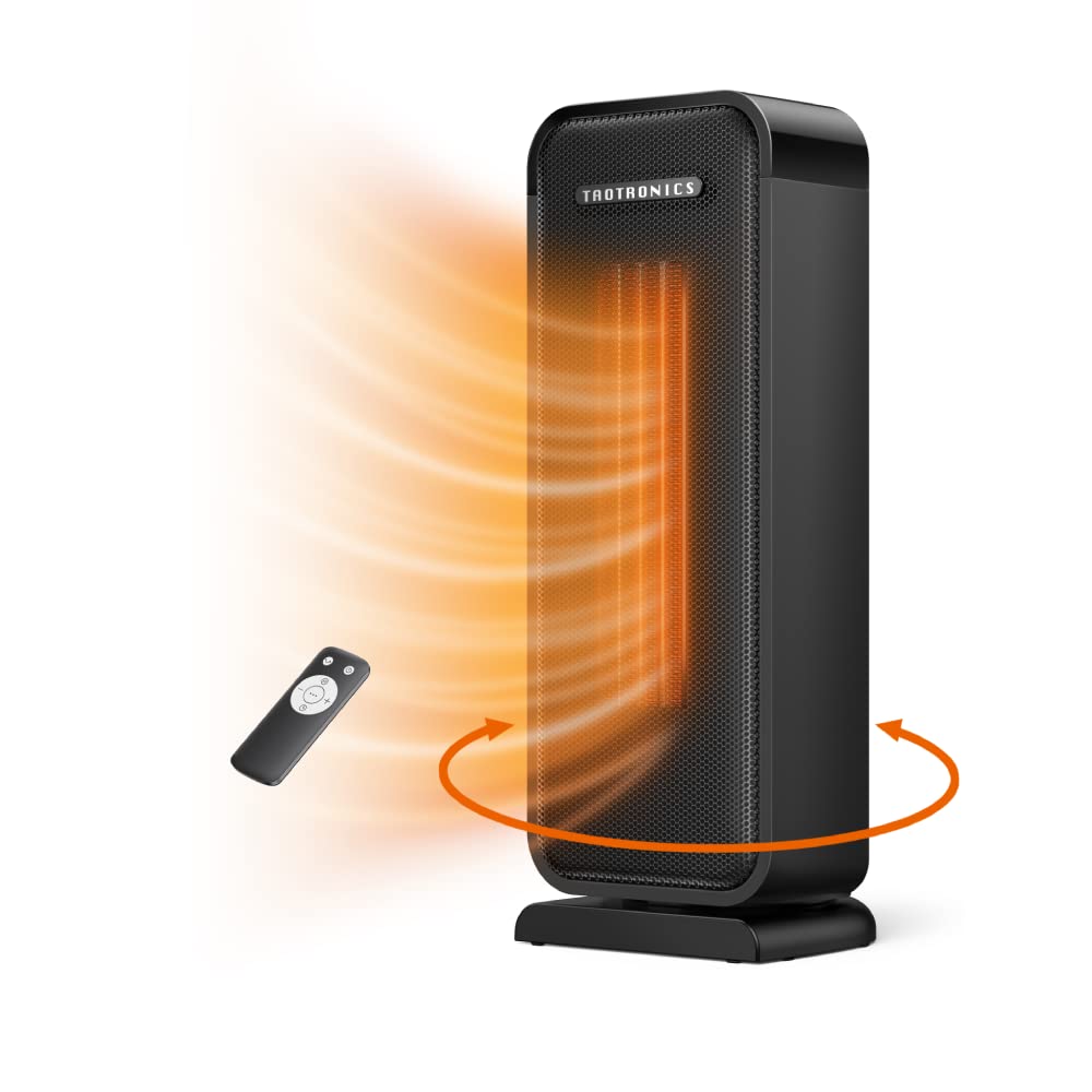 TaoTronics TT-HE003 Space Heater, 1500W Electric Portable Fast Heating Widespread Oscillation ECO Mode 12 Hrs Timer with Remote Control for Indoor Use Home, Small, Black