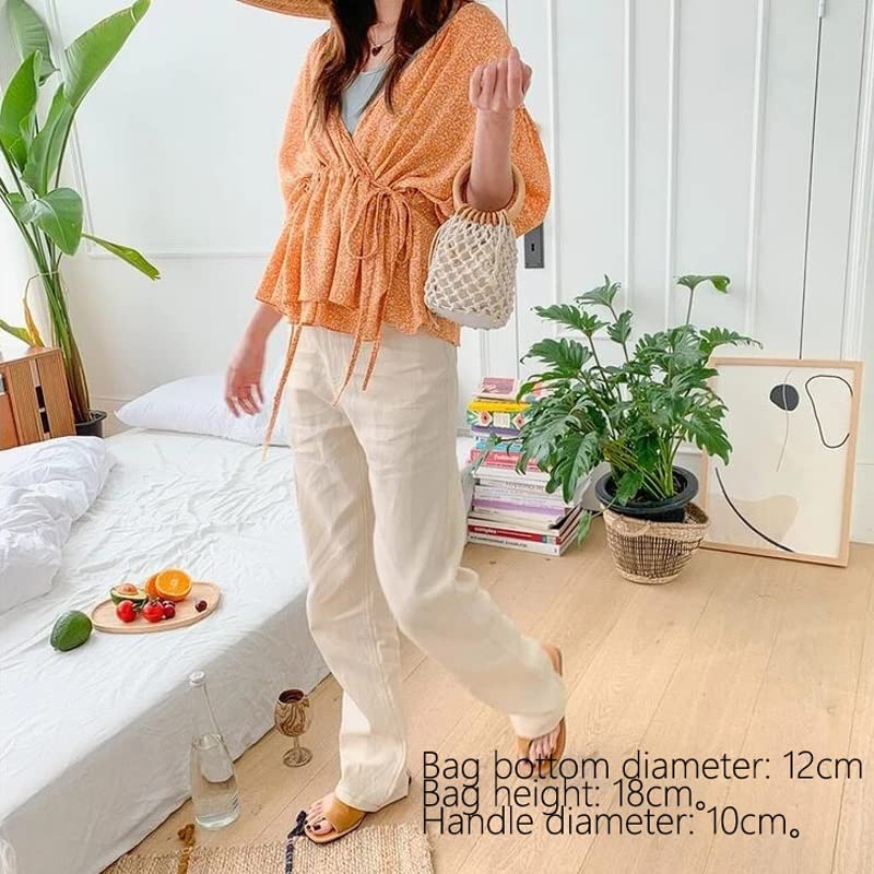 TJLSS Casual Woven Handbag Wooden Handle with Inner Cloth Drawstring Bucket Bag Vacation Beach Wrist Pack Ladies (Color : D, Size : 1)