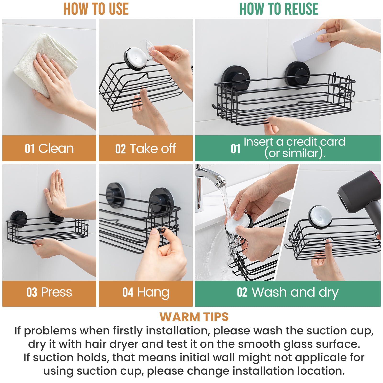 LEVERLOC Shower Caddy Suction Cup, 2 Pack Shower Shelves for Inside Shower with Hooks & Soap holder, NO-Drilling Bathroom Shower Organizer, Rustproof Stainless Steel Shower Holder Storage, Black