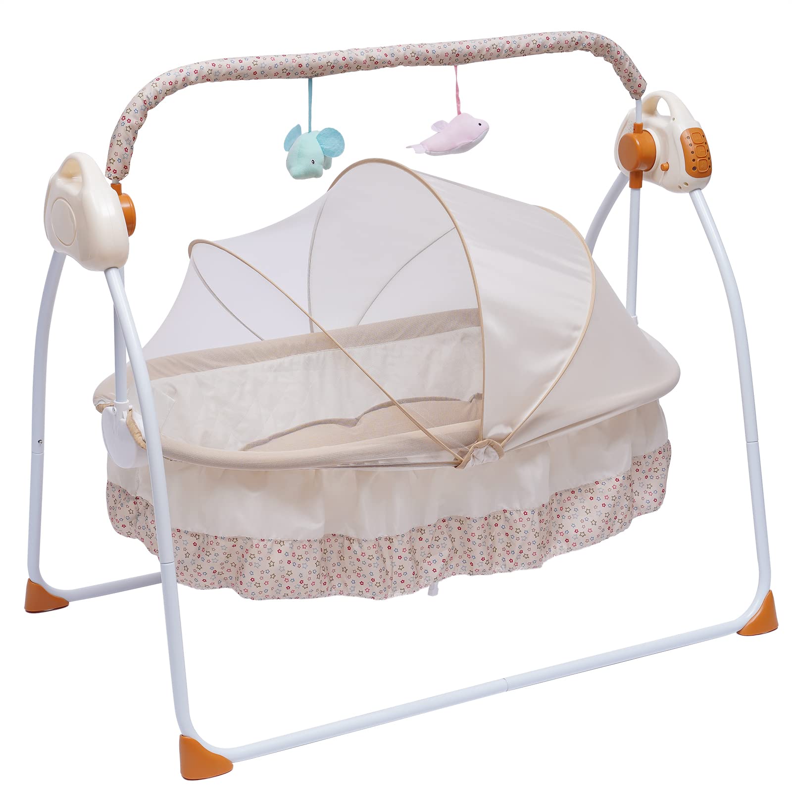 LOYALHEARTDY Baby Cradle Swing 5 Speed Electric Stand Crib Auto Rocking Chair Bed with Remote Control Infant Musical Sleeping Basket for 0-18 Months Newborn Babies, Mosquito Net+Mat+Pillow (Khaki)