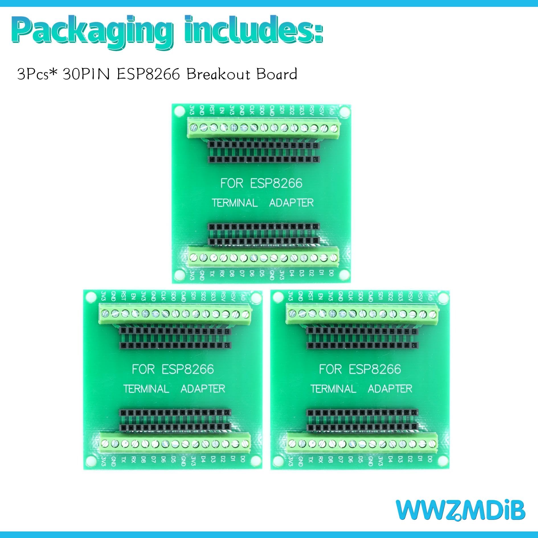 WWZMDiB 3Pcs 30PIN ESP8266 Breakout Board Pin Out IO Out 1 into 2 for ESP8266 Development Board（Pin spacing: 2.2cm / 0.86 in）