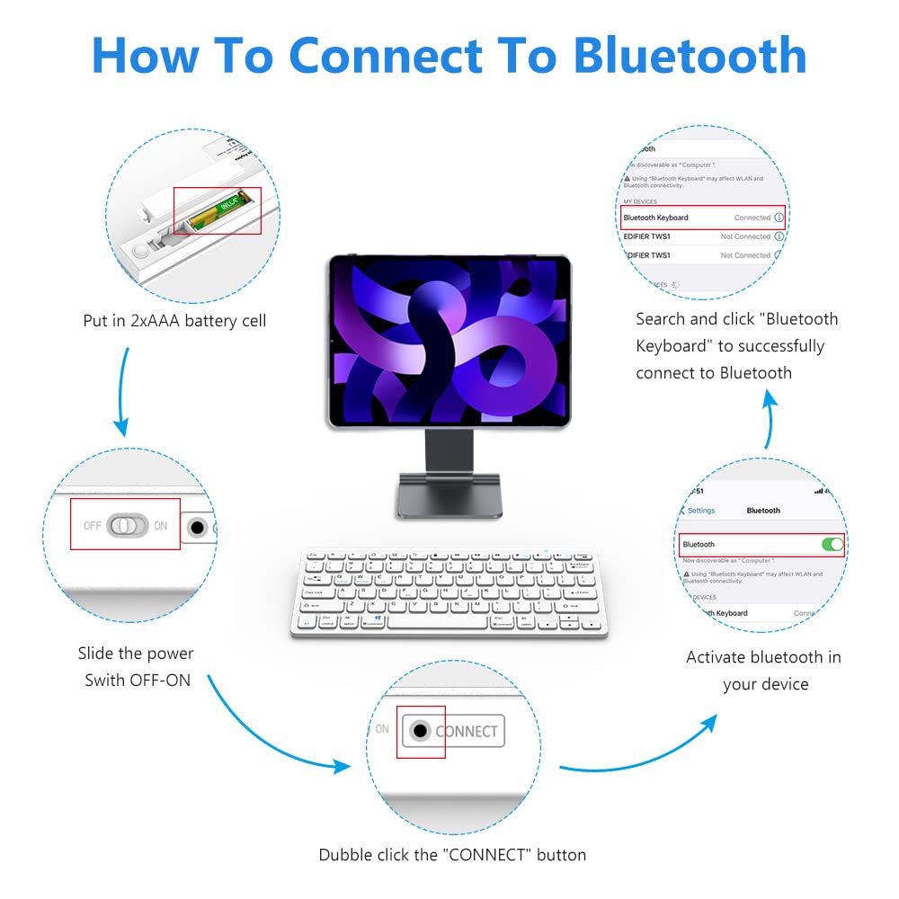 Wireless Bluetooth Keyboard for iPad 10.2(9th/8th/7th Gen)/ 9.7, iPad Air 5th/4th Generation, iPad Pro 11/12.9, iPad Mini, Samsung, Surface Pro, Xiaomi Pad, and More Bluetooth Enabled Devices-White