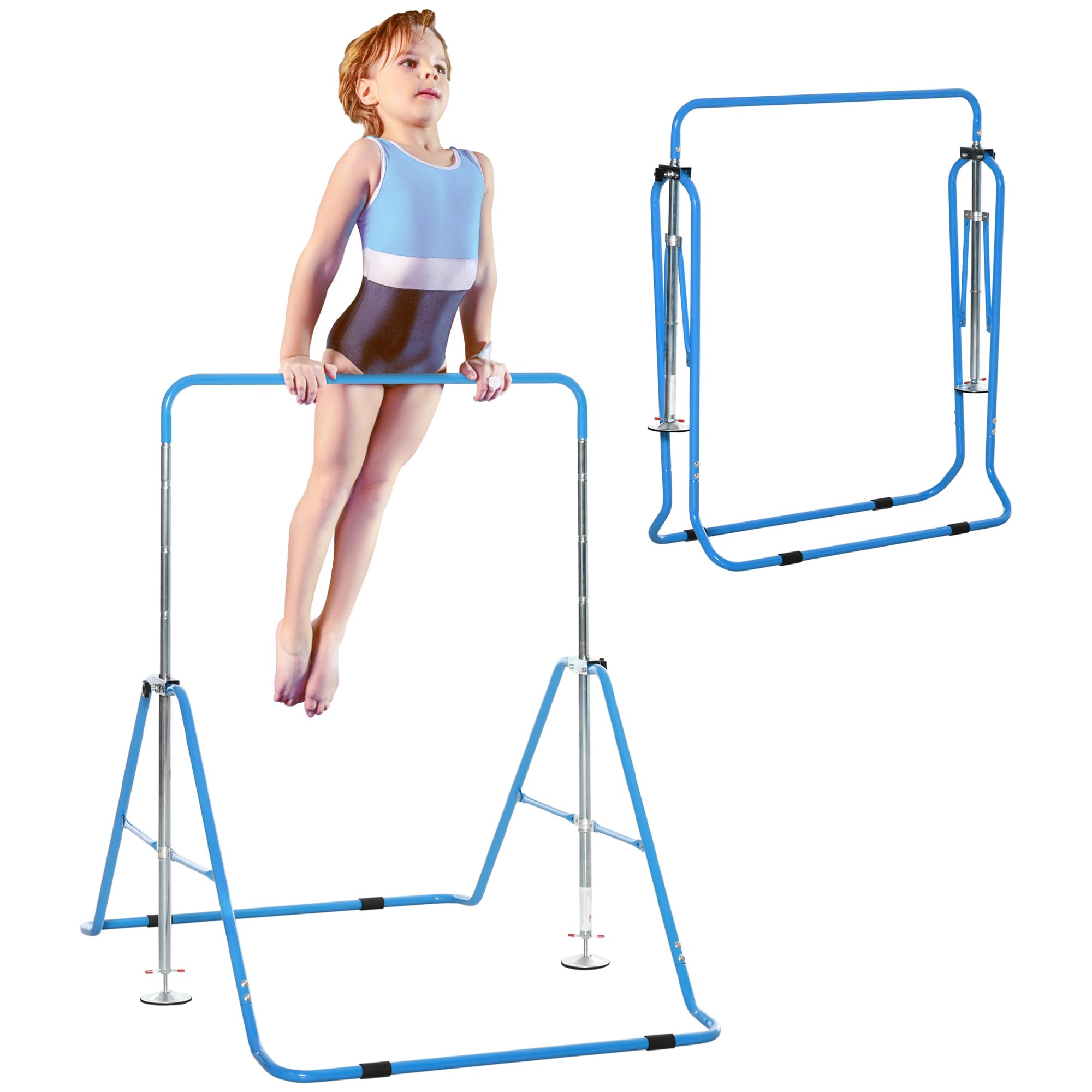 Qaba Folding Gymnastics Bar for Kids with Shock Absorption, Adjustable Gymnastics Horizontal Bar, Gymnastics Kip Bar for Home Use, Blue