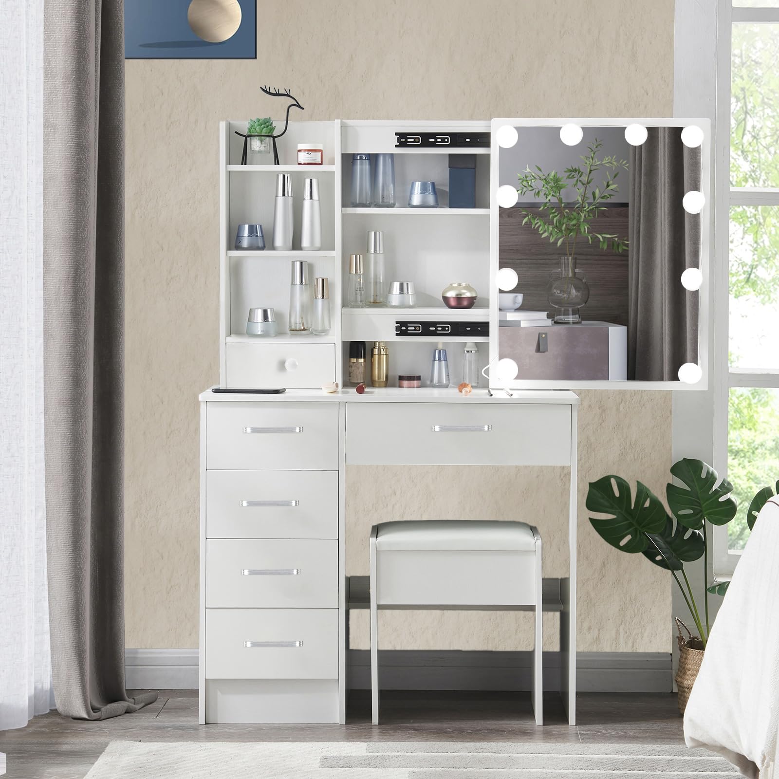 Makeup Vanity Desk with Mirror and Lights-Brightness Adjustable, White Makeup Vanity Table with Chair and Storage Drawers for Women Girls Bedroom