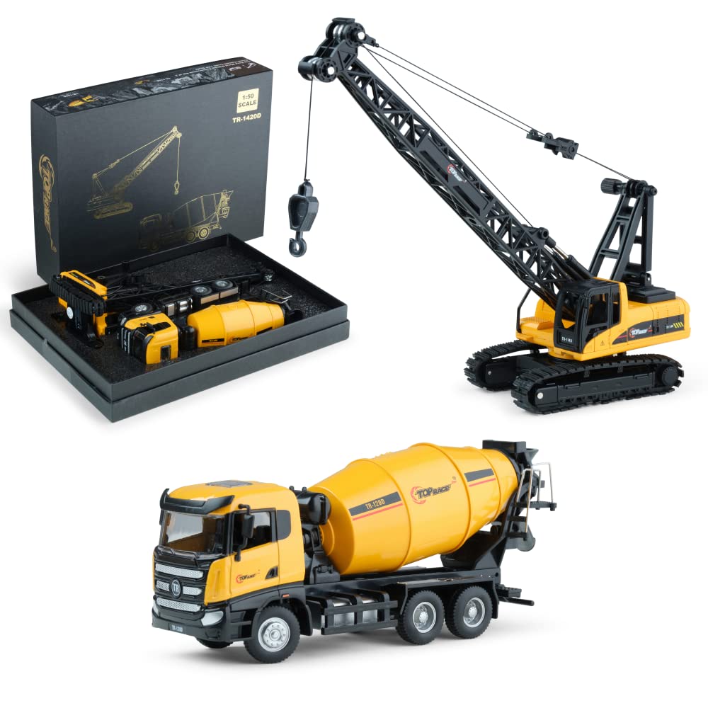 Top Race Metal Diecast Tower Crane & 2 Construction Trucks - Metal Construction Vehicles Model Toy for Kids and Adults