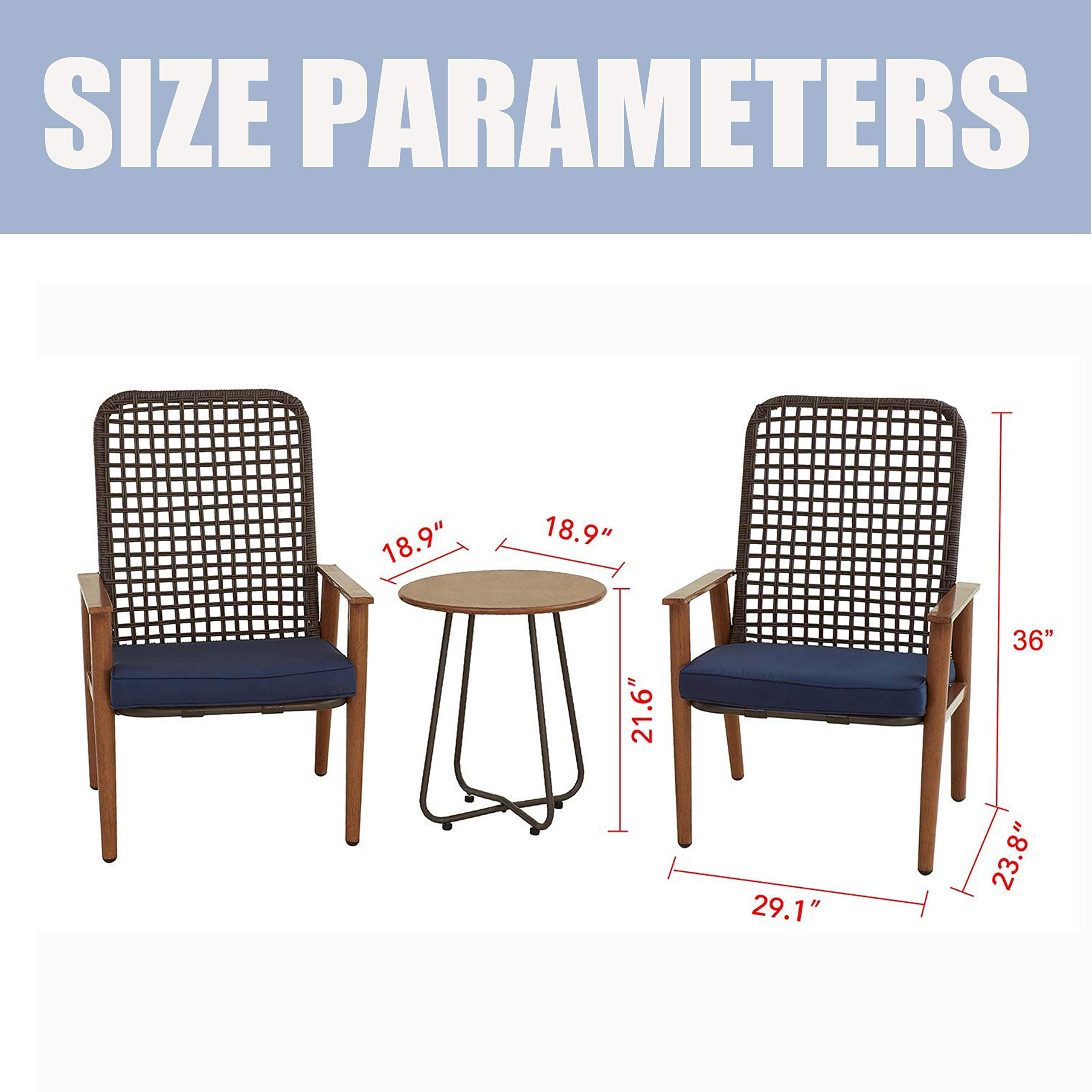 LOKATSE HOME Outdoor Patio 3 Piece Conversation Set Wicker Furniture 2 Cushioned Chairs and Side Table Modern Style, Blue