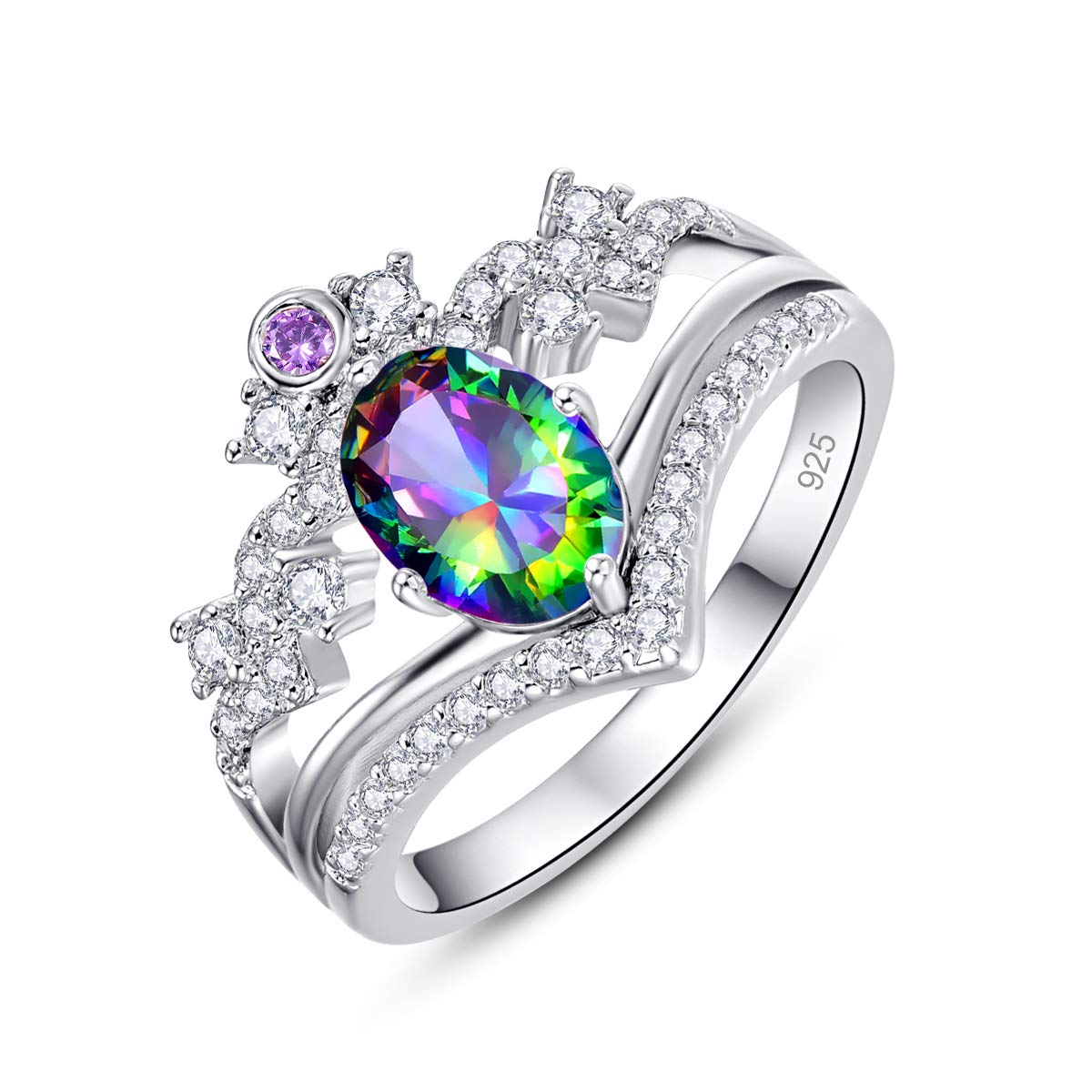 Narica Silver Plated Oval Cut Created Rainbow Topaz CZ Cubic Zirconia Filled Eternity Halo Cocktail Party Wedding Engagement Statement Band Elegant Women's Crown Ring for Mom Bridal Lover Gift 6#