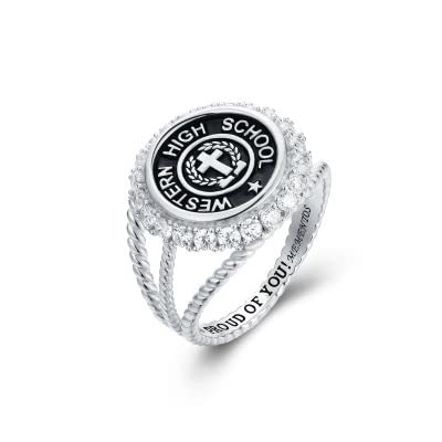 PJM Customized Sterling Silver Ladies High School and College Class Ring β Brilliant Signet Collection β Mementos Jewelry (Sterling Silver - Platinium)