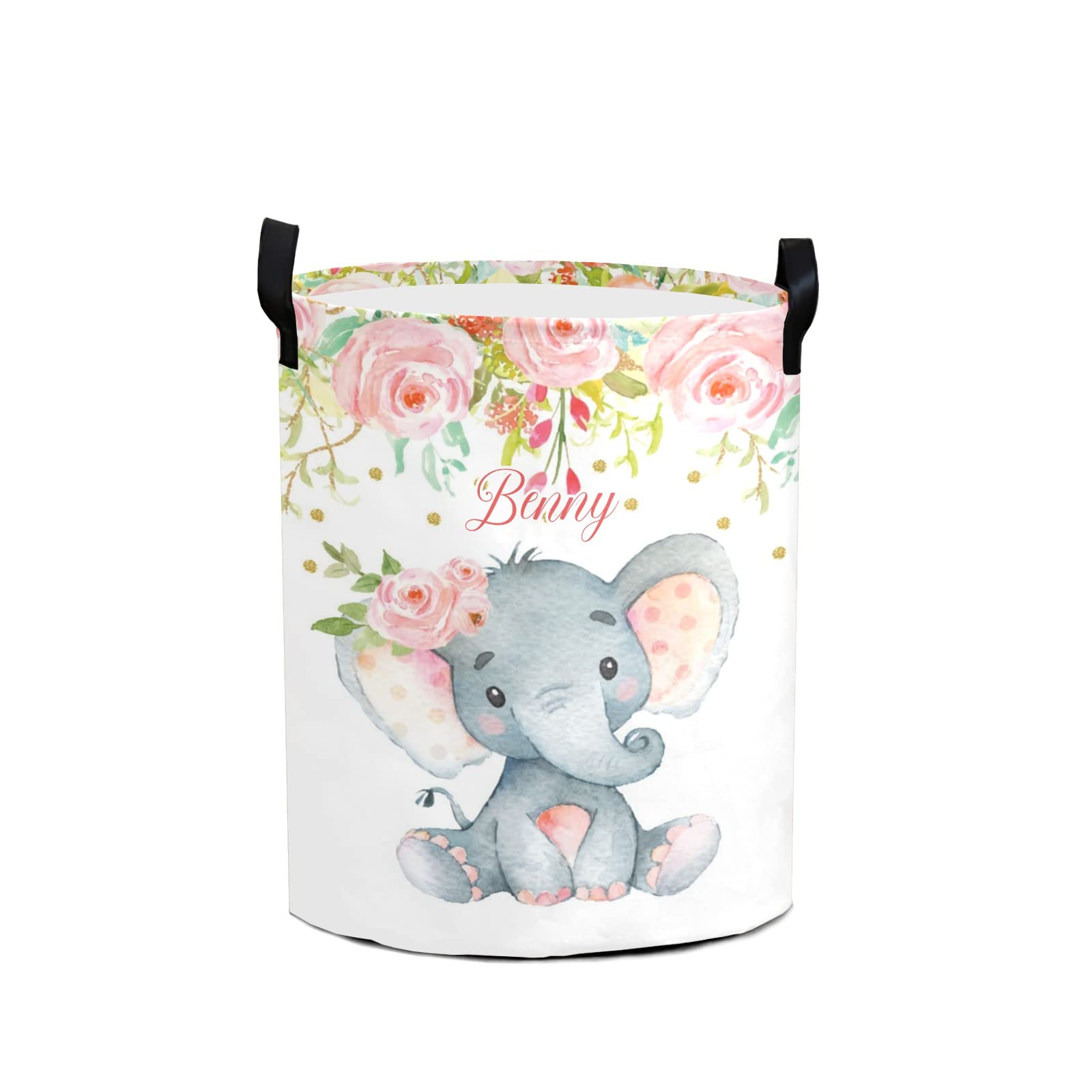 Pink Flower Elephant Personalized Laundry Hamper,Custom Name Collapsible Waterproof Laundry Basket Storage Bins with Handle for Clothes,Toy,Nursery