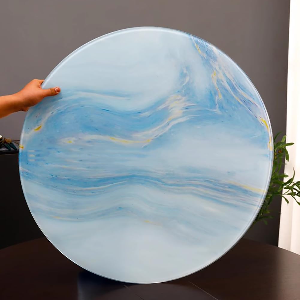MegLob Tempered Glass Lazy Susan Turnable for Dining Table, 8Mm Thickness Marbled Lazy Susan, Public Rotating Serving Tray, Blue Lazy Susan Turnable, Restaurant Props,A⌀68cm/26.8"