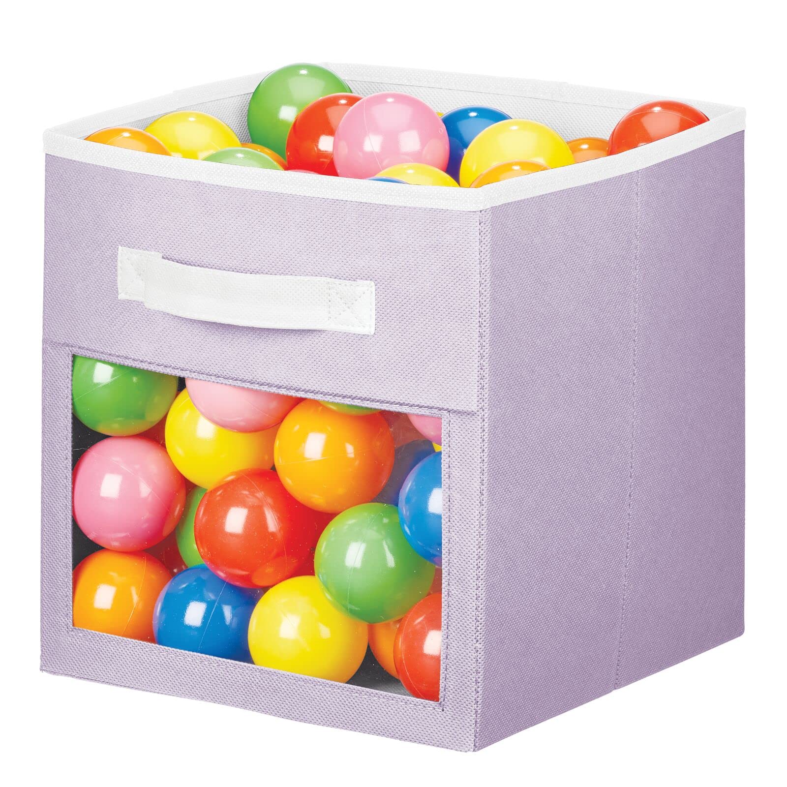 mDesign Fabric Nursery/Playroom Closet Storage Organizer Bin Box with Front Handle/Window - Cube Furniture Shelving Unit, Hold Toys, Clothes, Diapers, Bibs, Jane Collection, 4 Pack, Light Purple/White