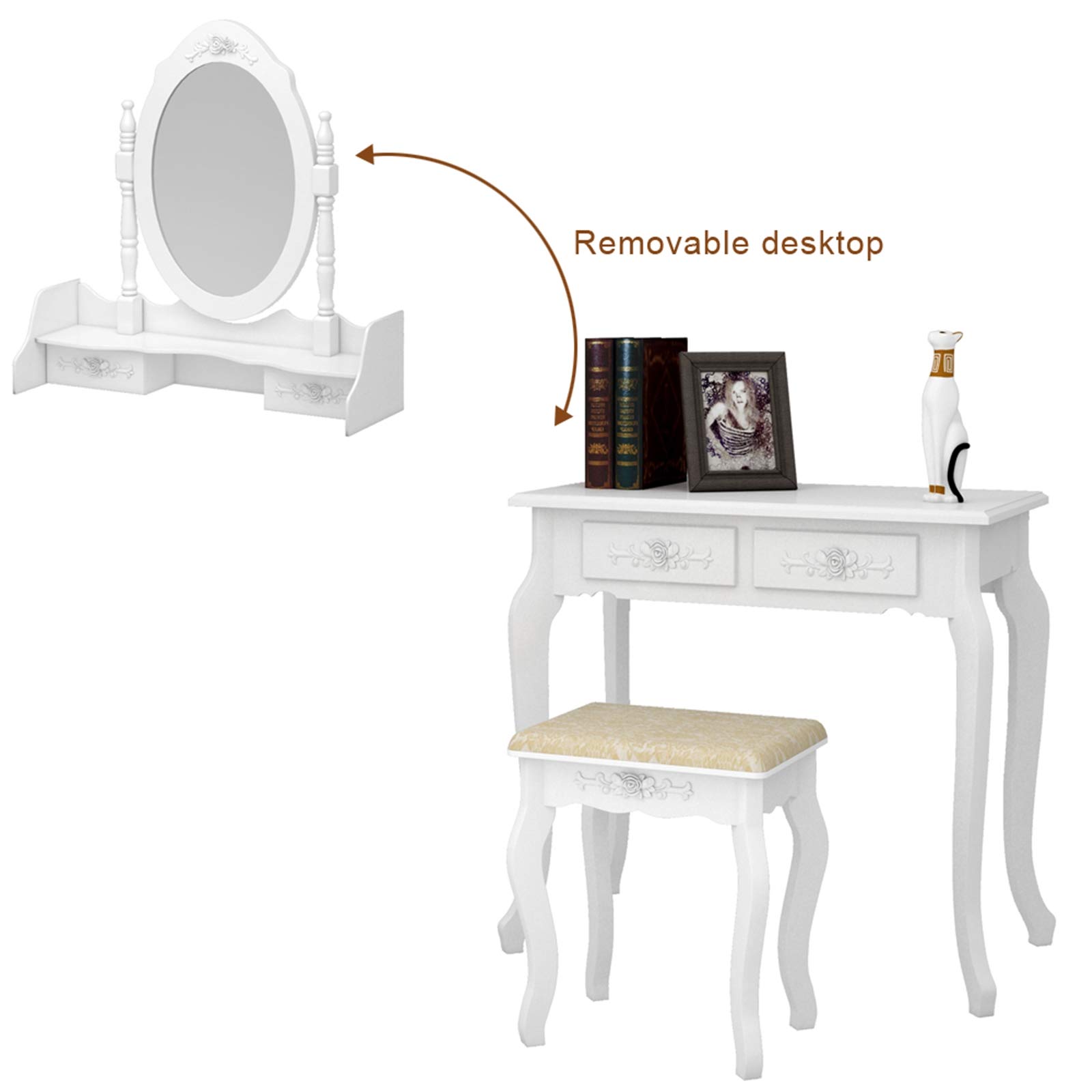 Makeup Vanity with Mirror, Vanity with 4 Drawers with Cushioned Stool for Women Girls, 360-Degree Rotation Removable Mirror Dresser Vanity Table Set with Storage Drawer & Chair