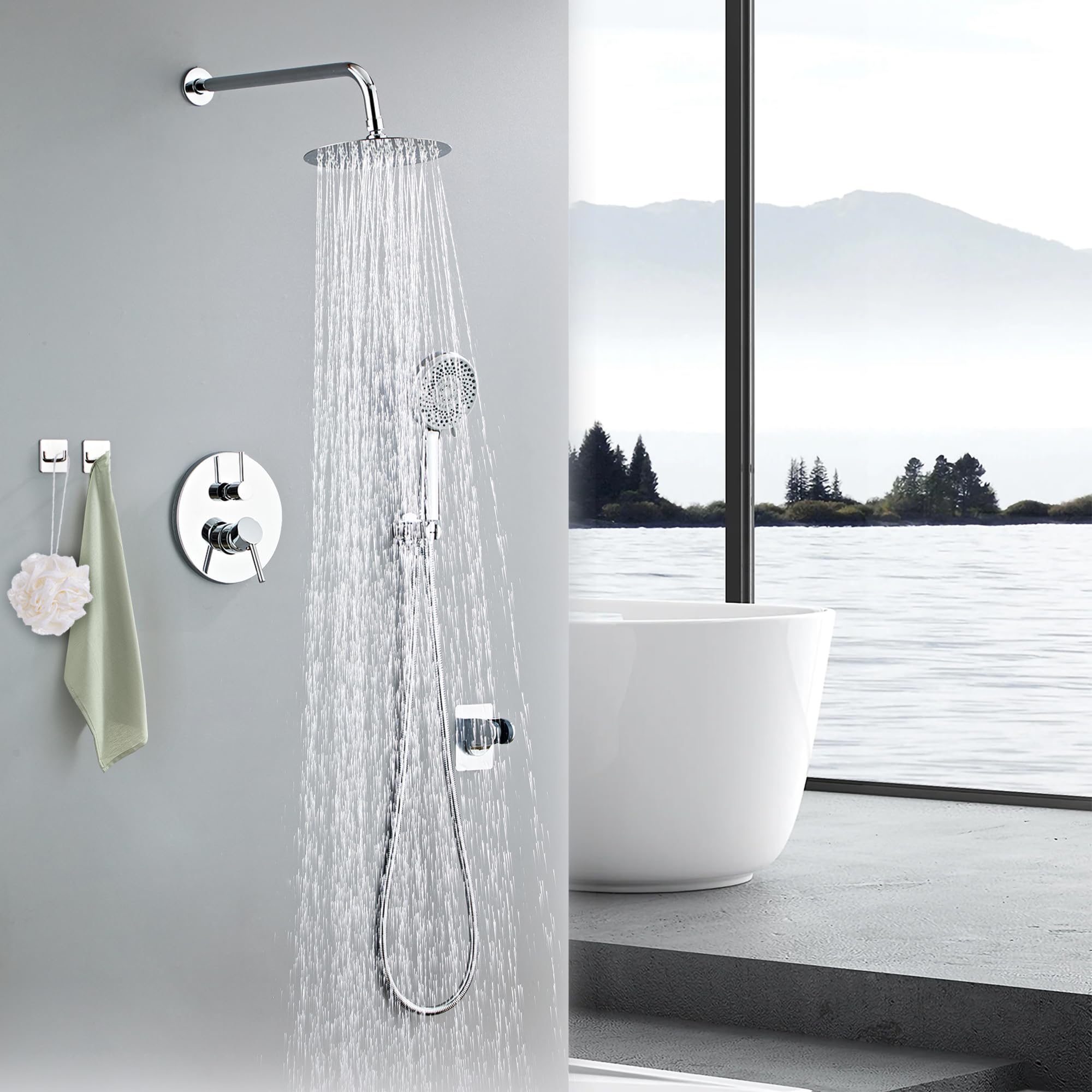 LCEVCGK Shower System, Matte Black Wall Mounted Shower Faucet Set Complete for Bathroom with 8 Inch Rain Shower Head and 3-Setting Handheld Shower Head Combo, Shower Valve with Trim and Diverter