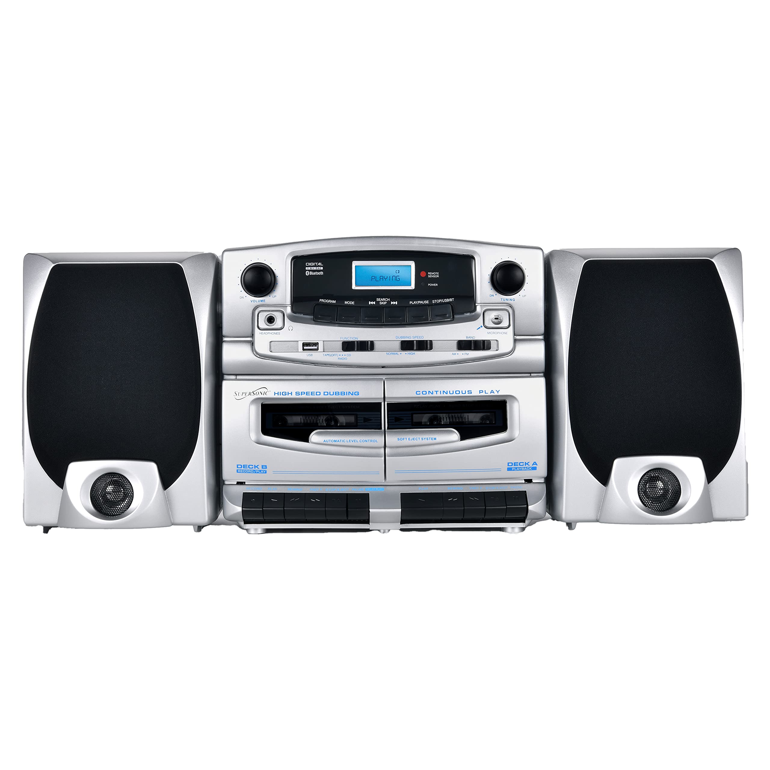 Supersonic SC-2121BT Bluetooth Entertainment Audio System, Bluetooth 5.0, op Loading MP3/CD Player, AM/FM Radio, USB Input, Double Cassette Recorder, High-Performance Detachable Speakers, AC/DC