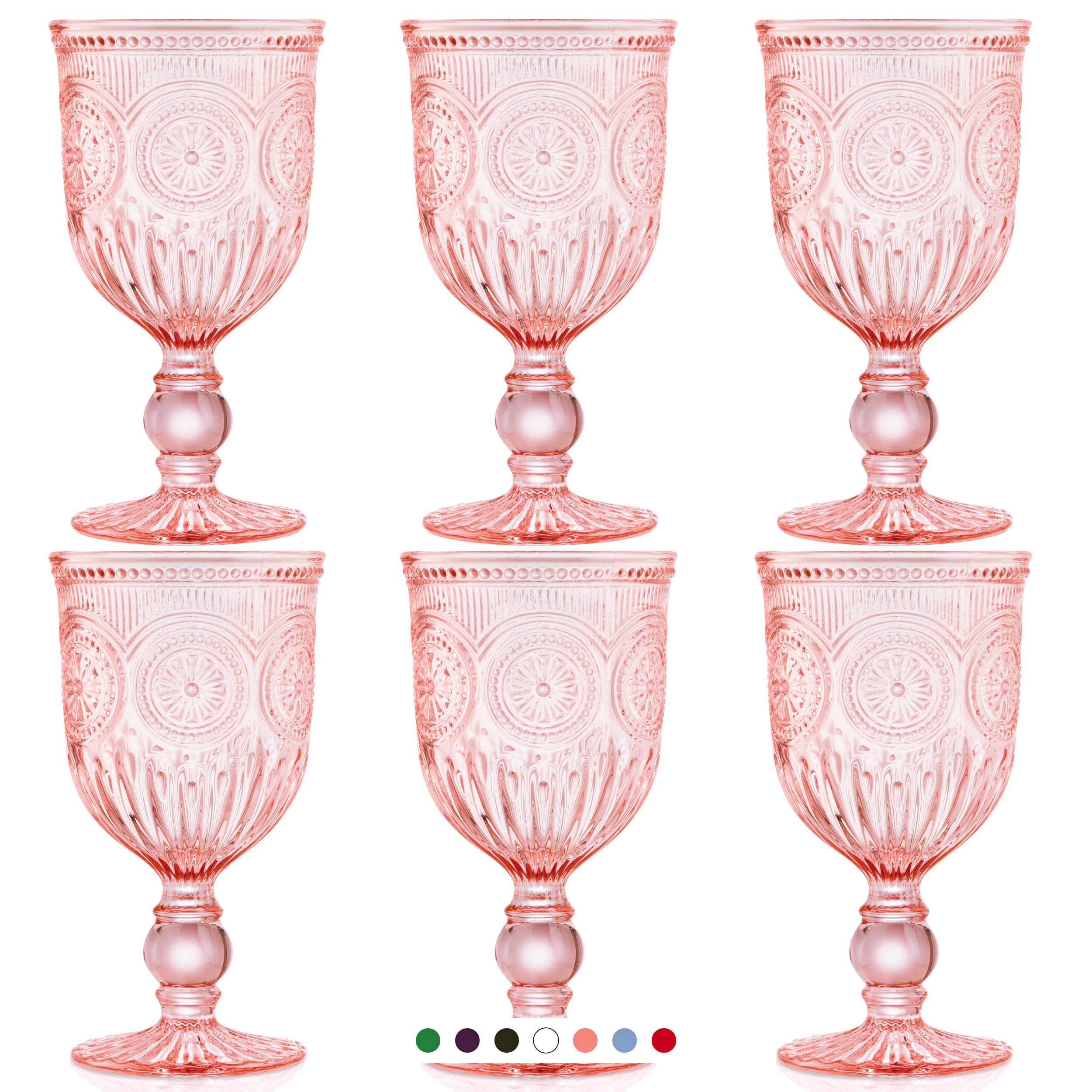 Pink Glassware Bundle - Vintage Glassware Collection for Party - Wine Glasses Set of Pink Goblets and 6 Pink Tall Tumblers - Matching Pink Drinking Glasses with Sunflower Emboss Design