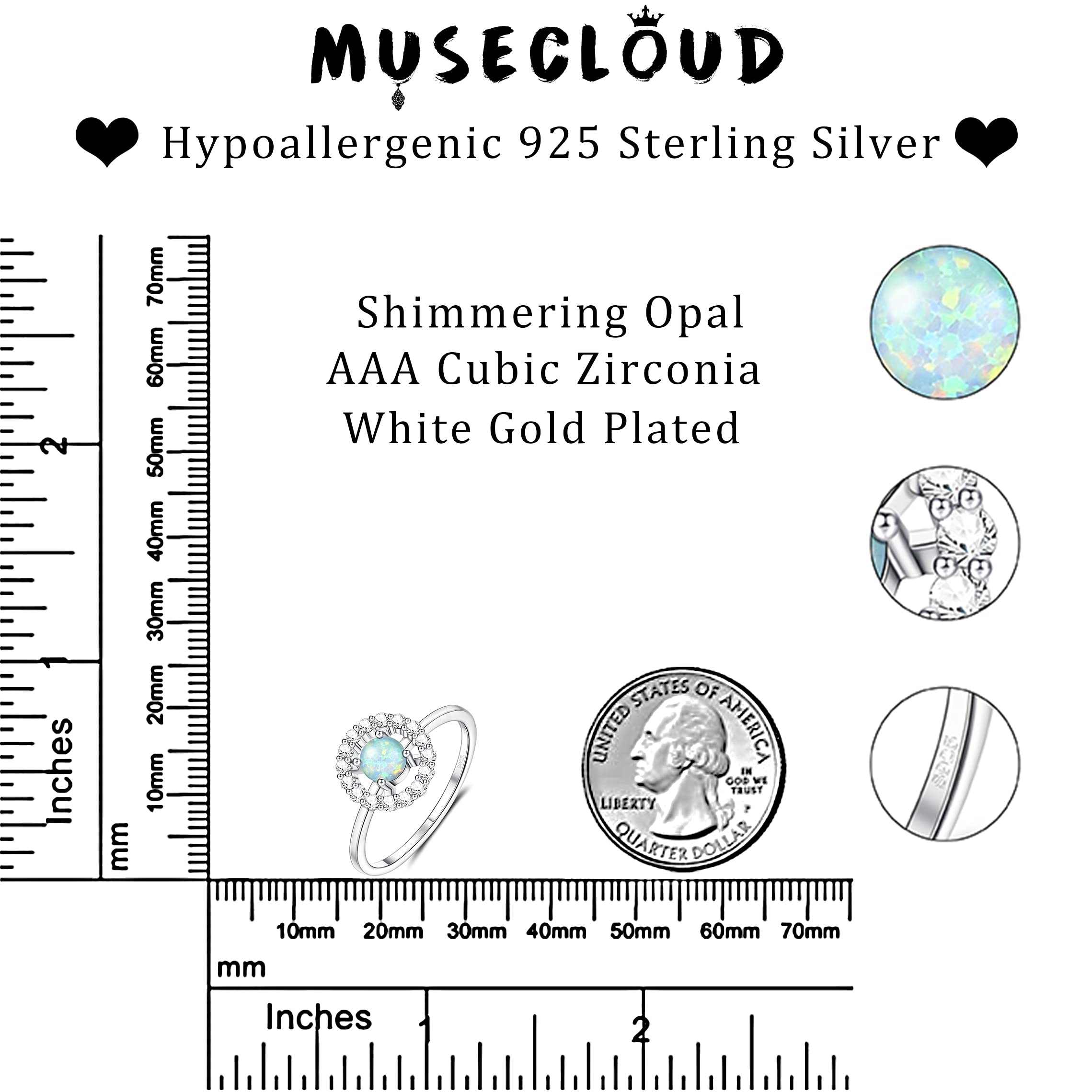 MUSECLOUD Created Opal Rings 925 Sterling Silver Birthstone Rings for Women White Gold Plated Halo Band Rings Birthday Gift Eternity Promise Engagement Rings for Her Size 5-9(7)