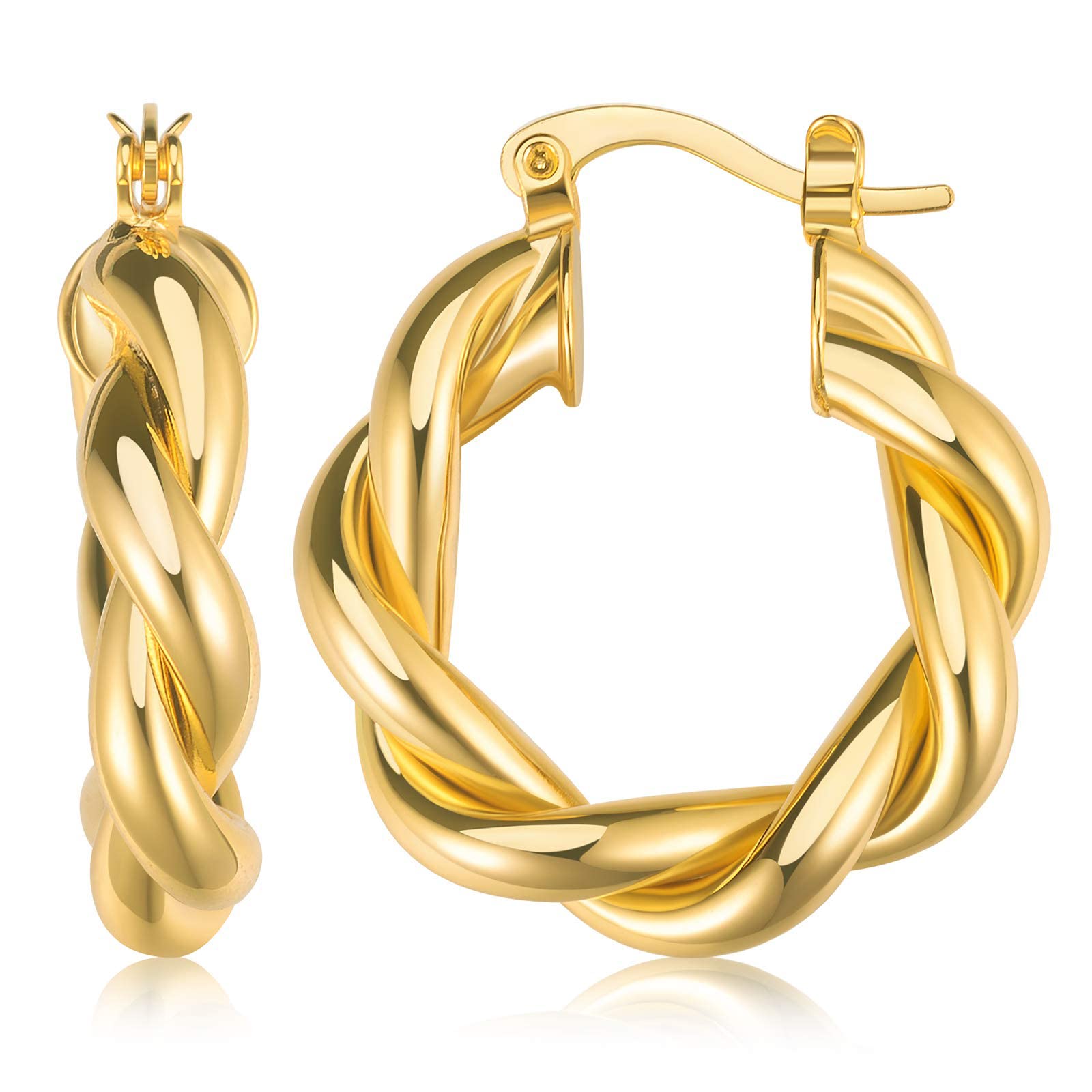 NOKMIT Twisted Hoop Earrings for Women 18K Gold Plated Thick Rope Round Chunky Hoops Lightweight High Polished Gold Hoop Earrings Gifts