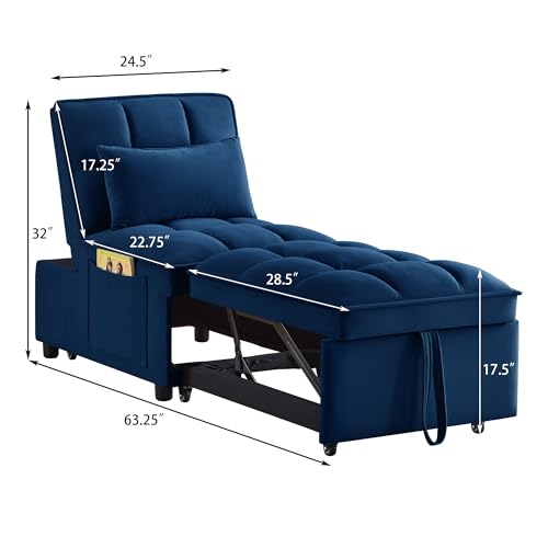 YOPTO Multi-Function Convertible Single Sleeper Sofa Bed with Storage Pockets,Velvet Tufted Pull-Out Couch Bed 4in1 W/Adjustable Backrest & Pillows,Chaise Lounge for Living Room,Small Space,Navy