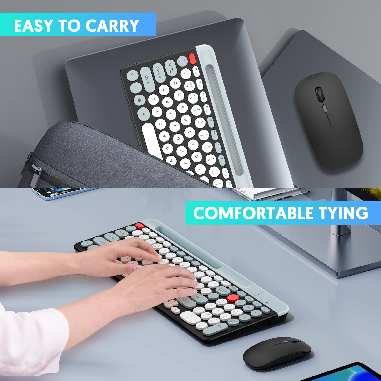 Wireless Keyboard and Mouse Combo, LORERAN 2.4G Ergonomic Wireless Computer Keyboard with Phone Tablet Holder, Silent Mouse, Compatible with MacBook, Windows (Black)